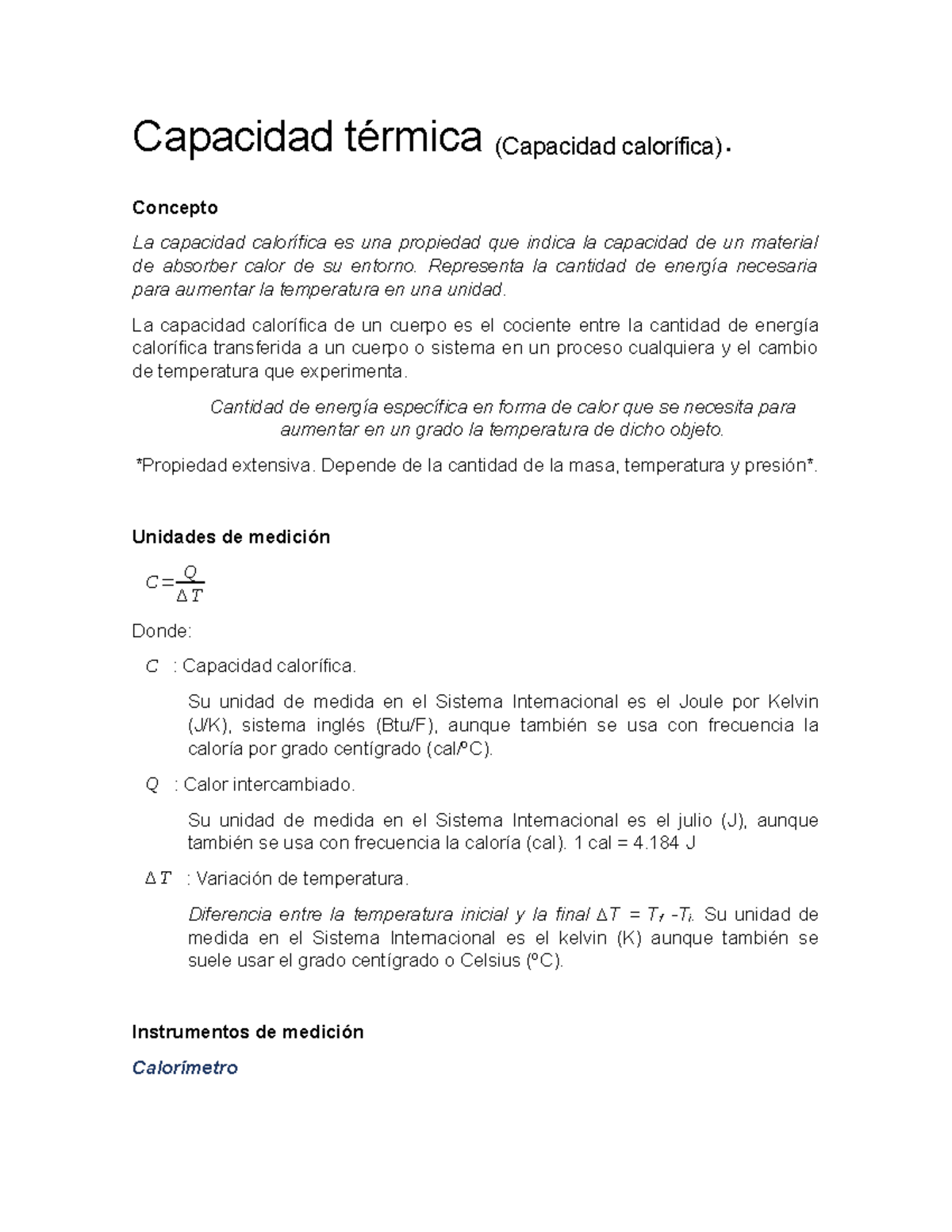 Capacidad térmica - Apuntes 5 - Capacidad térmica (Capacidad calorífica ...