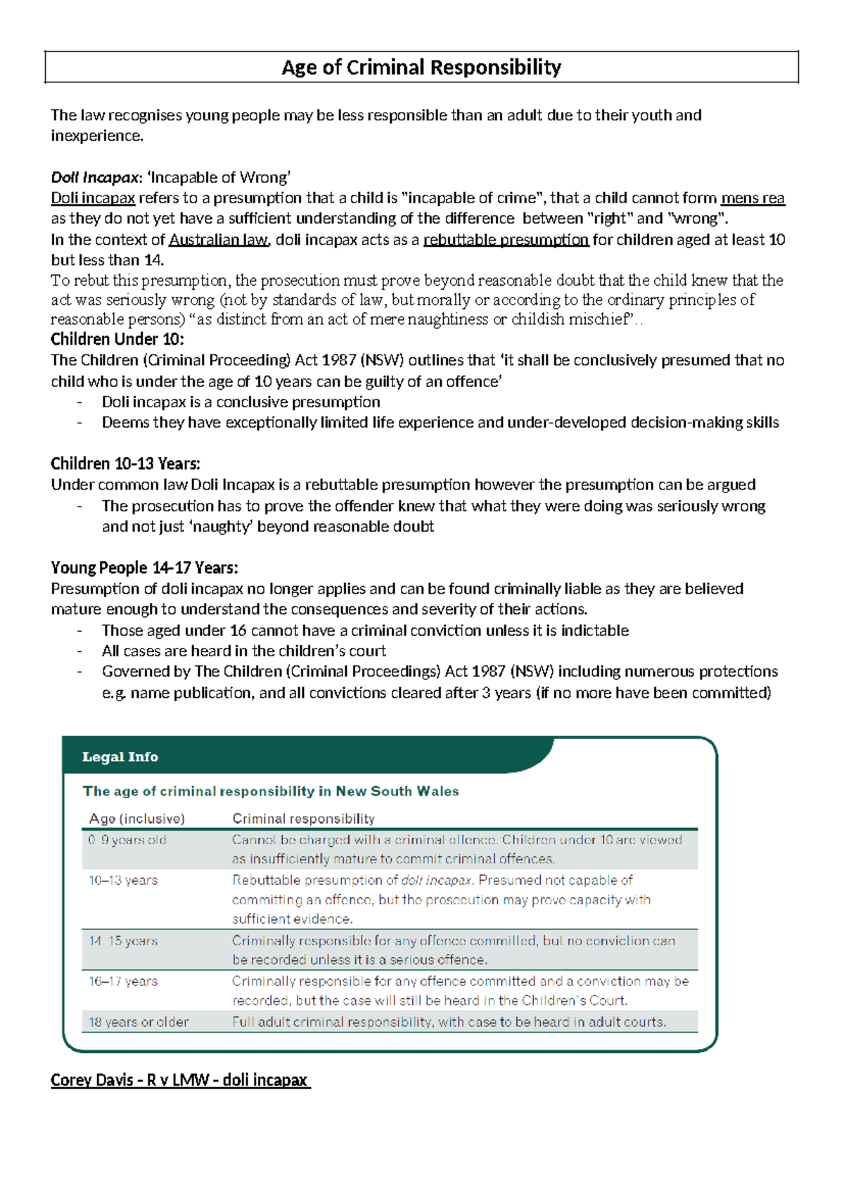 Age of Criminal Responsibility Notes - Age of Criminal Responsibility ...