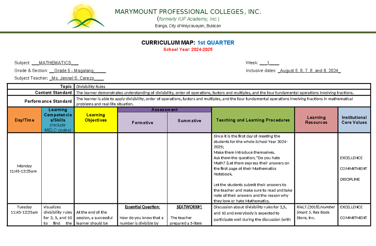MATH5Q1W1-8 - Curriculum Map for Mathematics 5 - CURRICULUM MAP: 1st ...