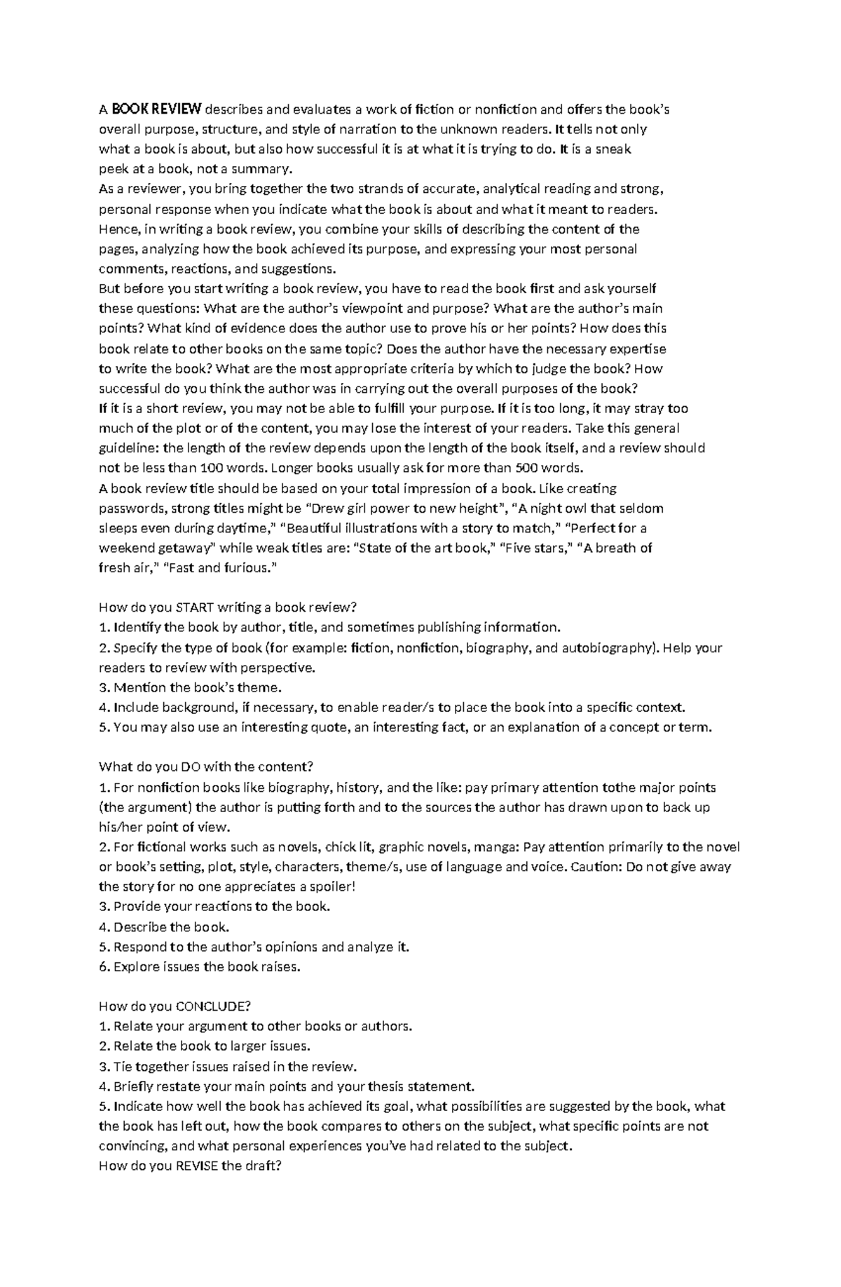 Book REview - A BOOK REVIEW describes and evaluates a work of fiction ...