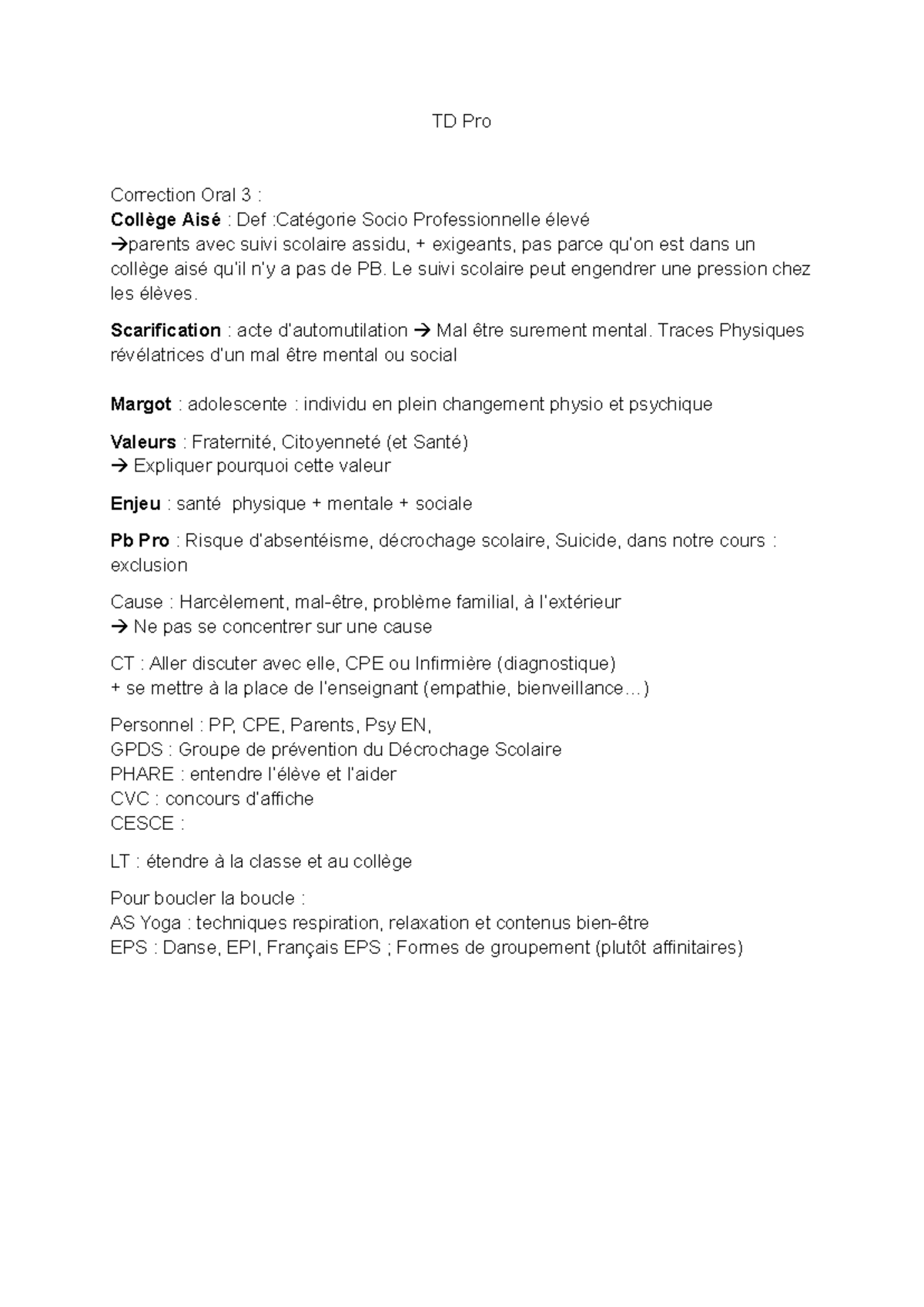 TD Pro - TD Pro Correction Oral 3 : Collège Aisé : Def :Catégorie Socio ...