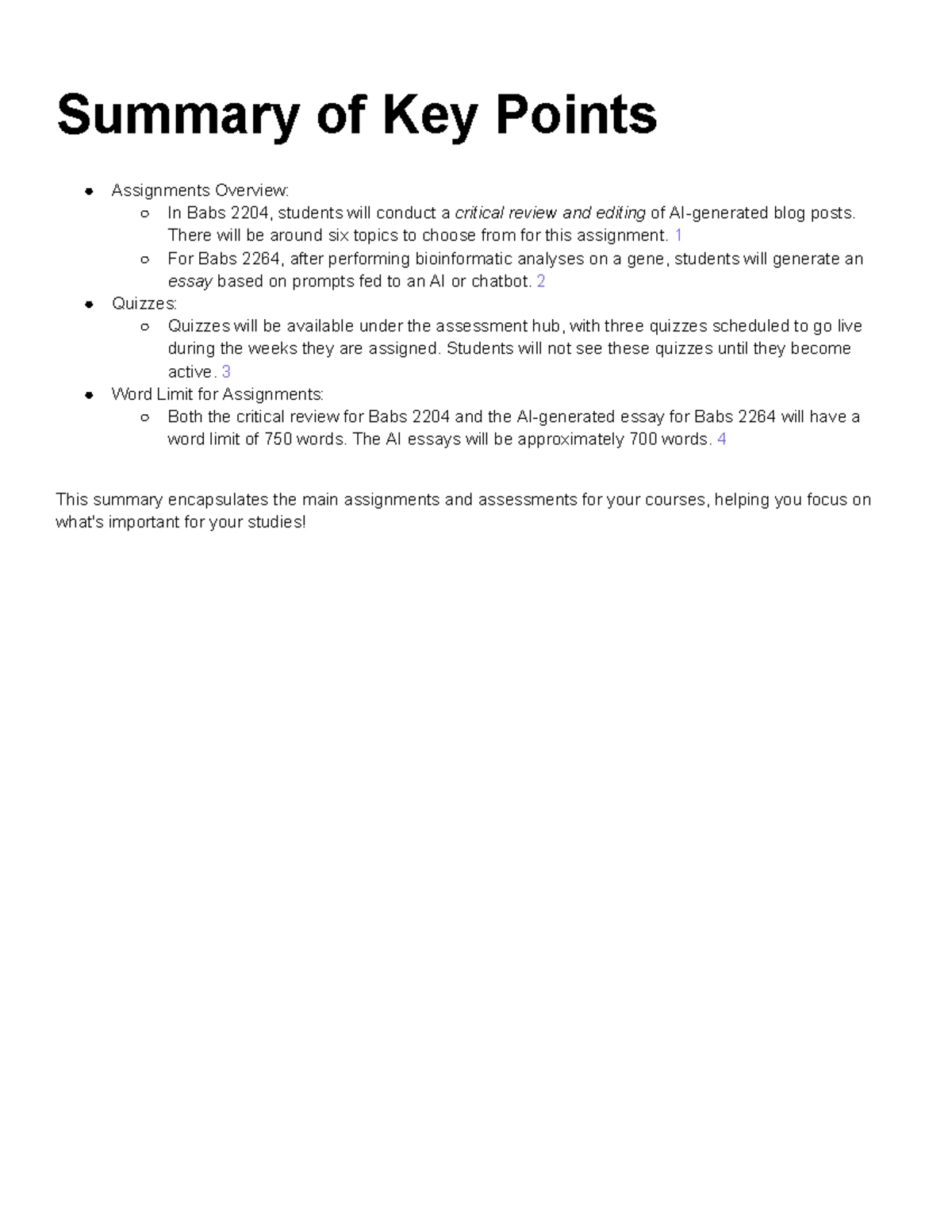 BABS2204 - Google Docs - n/a - Summary of Key Points Assignments ...