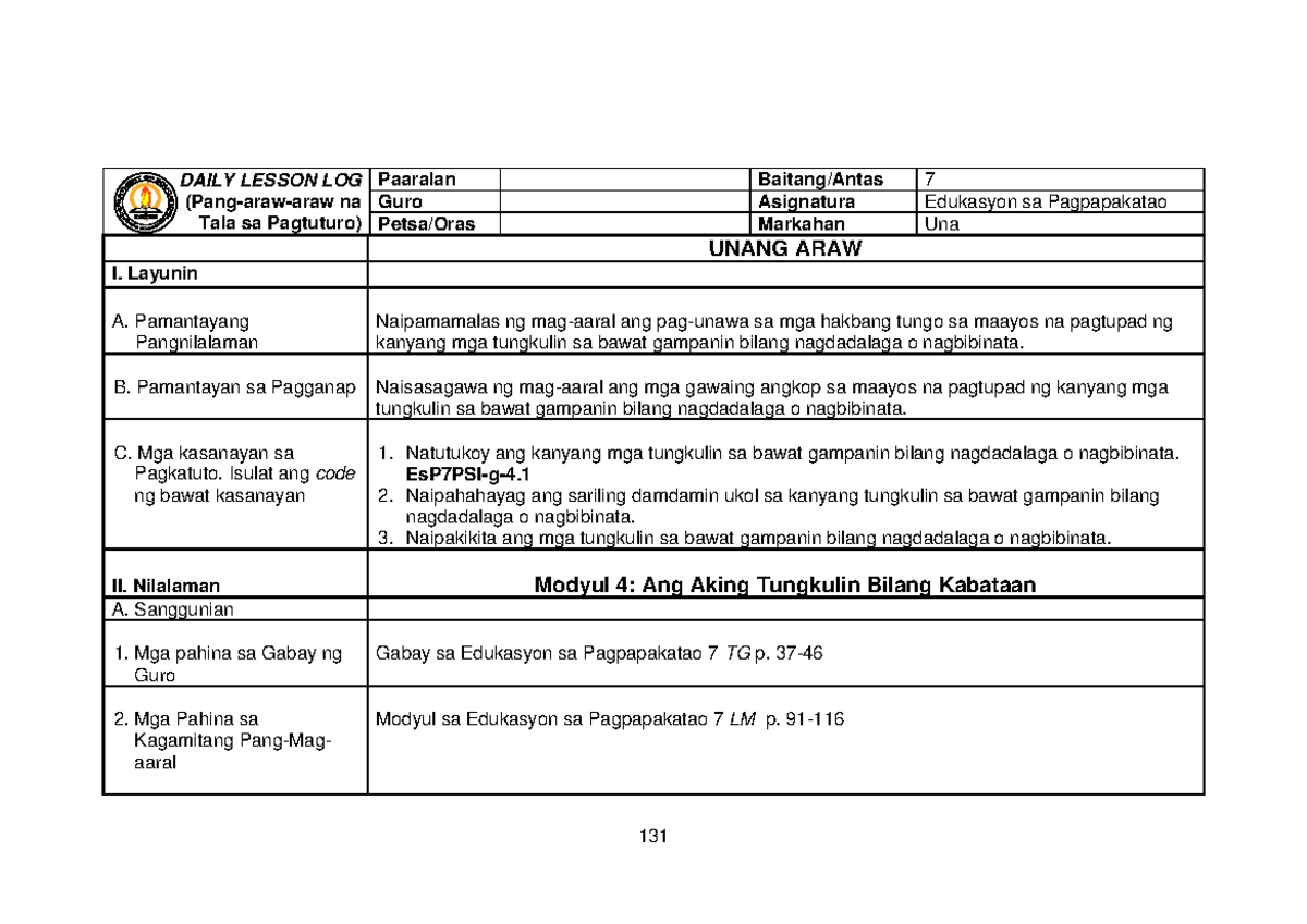 Es P DLL 7 Mod 4 Gayle Cotta NHS - DAILY LESSON LOG (Pang-araw-araw na ...