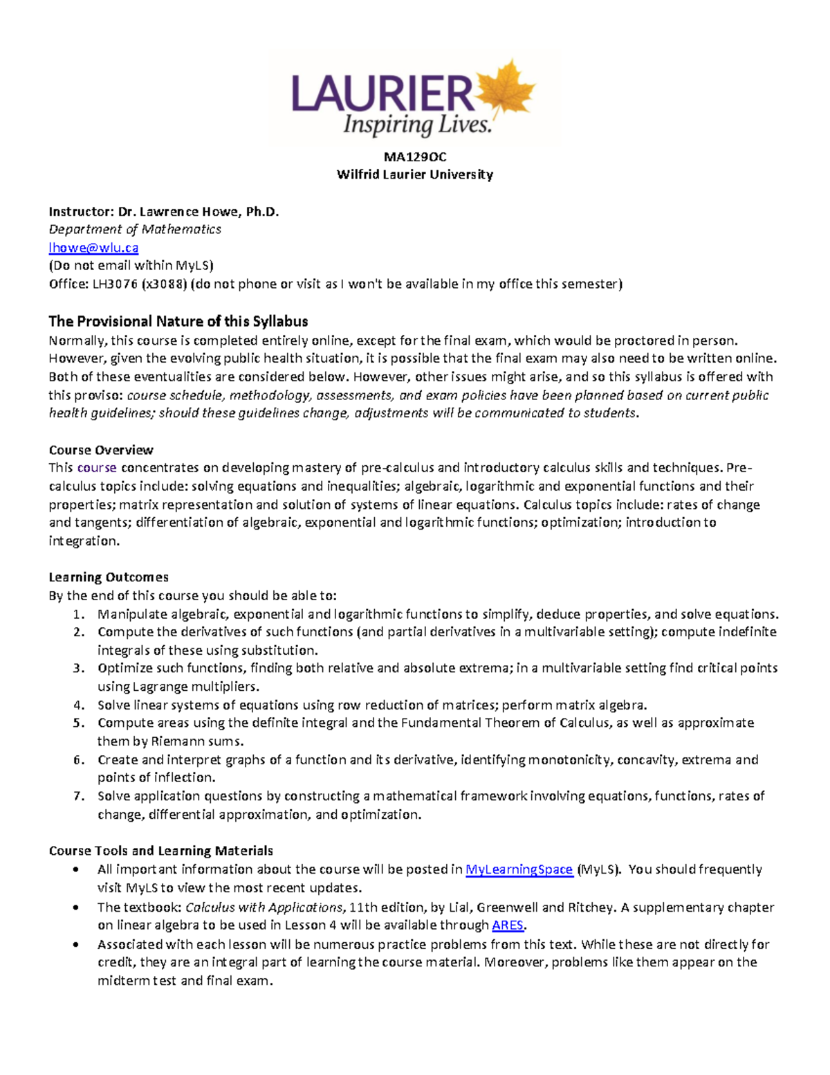 Ma129OC syllabus 2022W - MA129OC Wilfrid Laurier University Instructor: Dr. Lawrence Howe, Ph ...