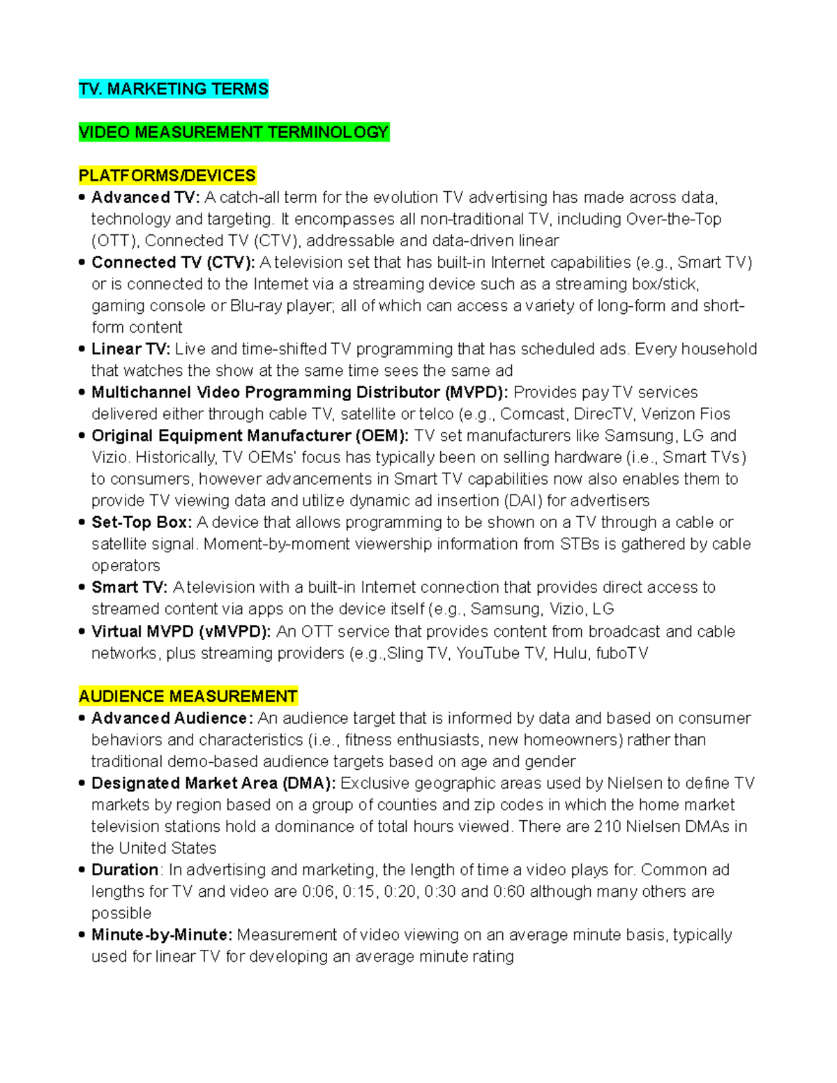 TV Marketing Terms - TV. MARKETING TERMS VIDEO MEASUREMENT TERMINOLOGY ...