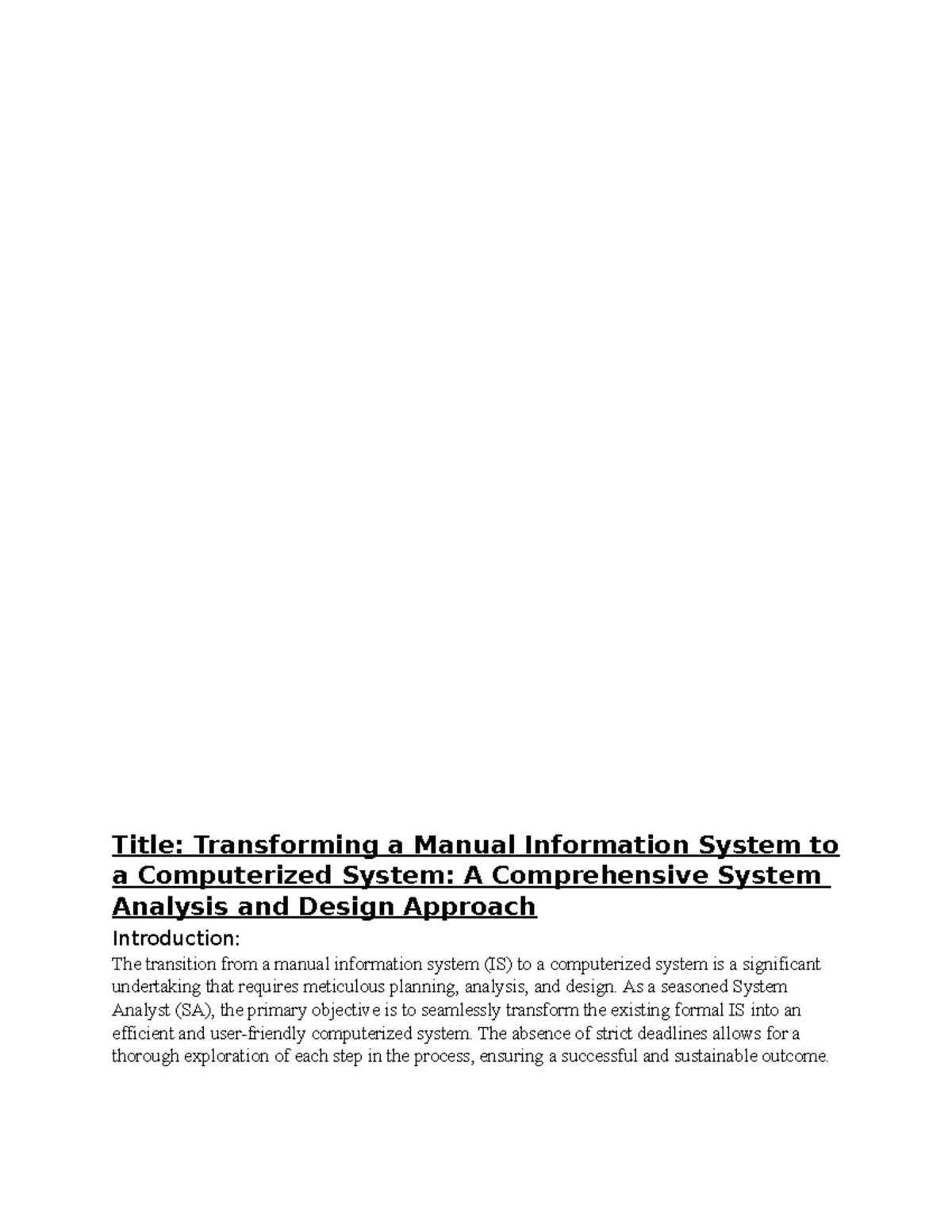 Proj 1 Write Up Title Transforming A Manual Information System To A Computerized System A