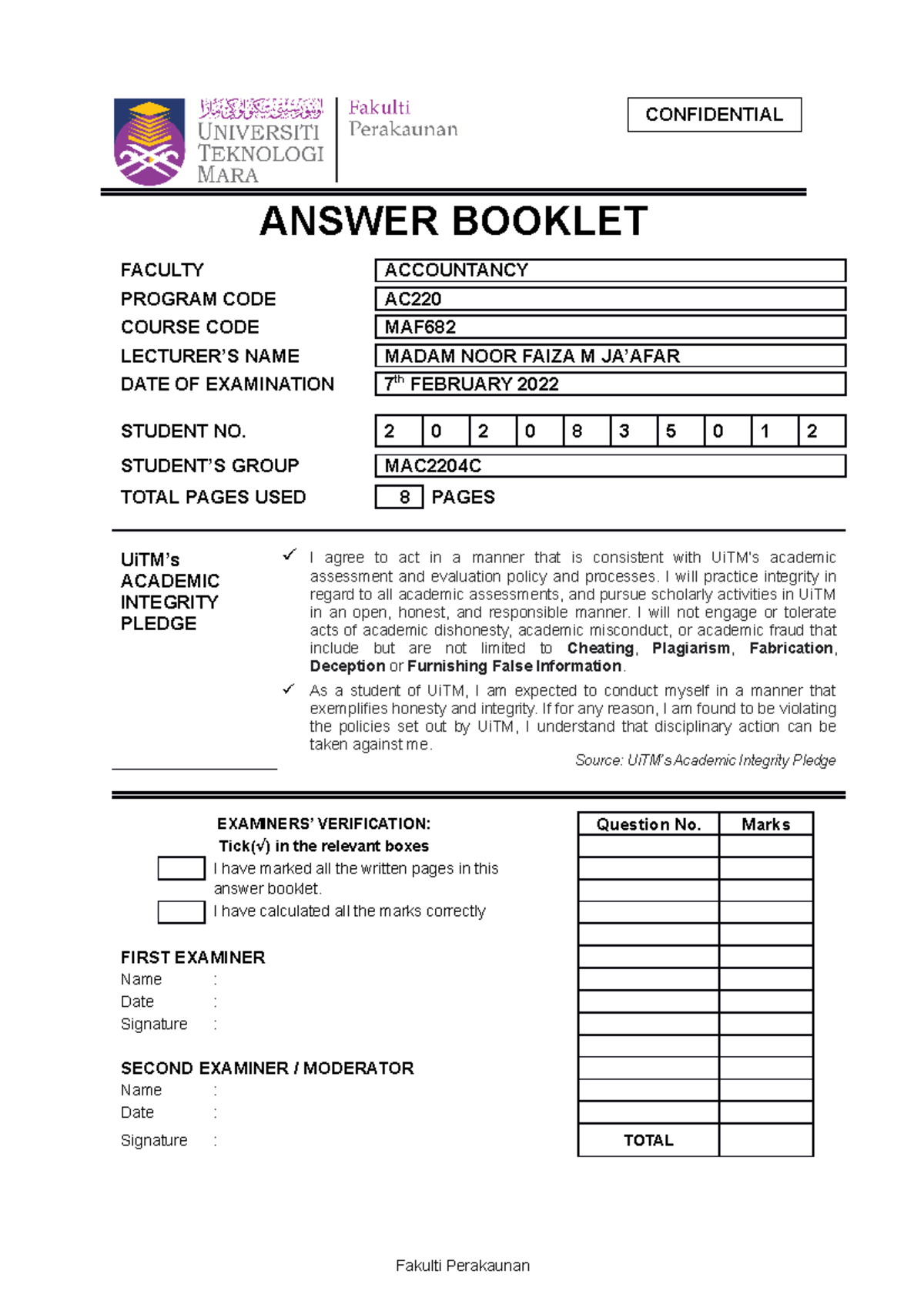 1. Answer Booklet - ANSWER BOOKLET FACULTY ACCOUNTANCY PROGRAM CODE AC ...