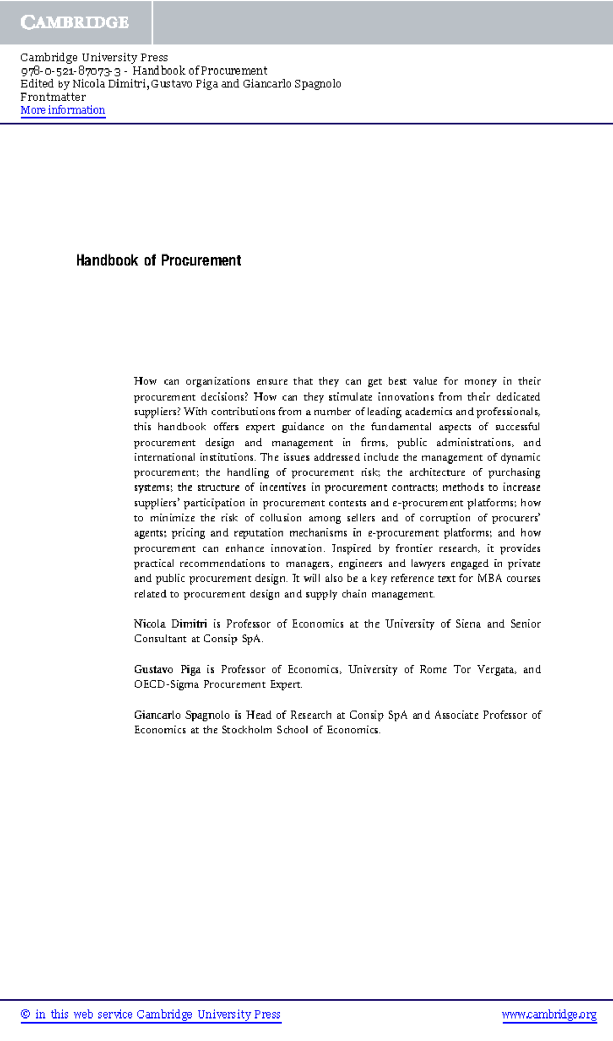 9780521870733 frontmatter - Handbook of Procurement How can ...