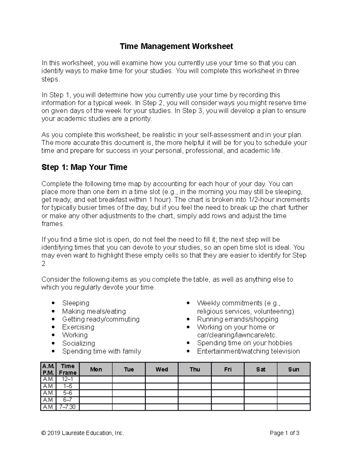 USW1 LDRS 1001 Week02 Time Management Worksheet - Time Management ...