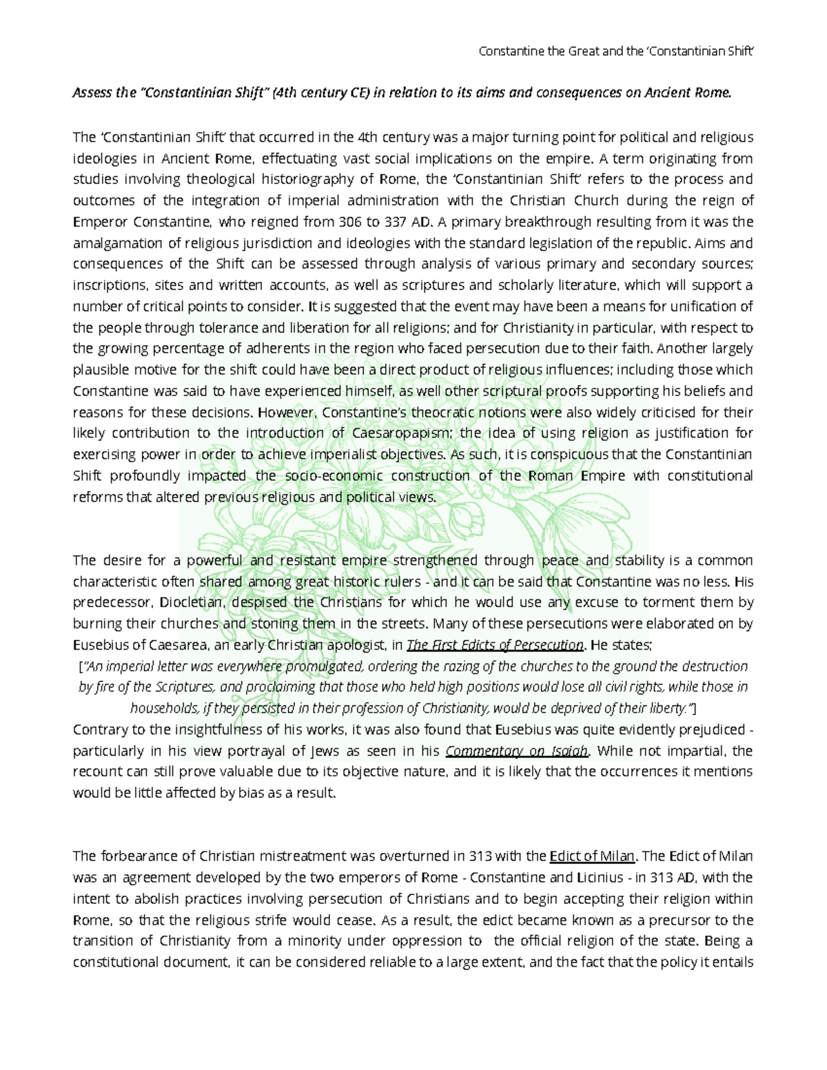 Ancient HIP - essay (1800 words) - Assess the “Constantinian Shift ...