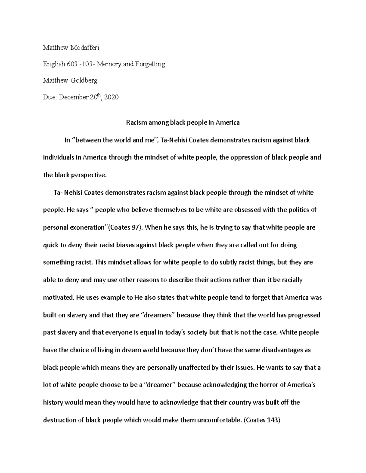 Between the world and me final essay - Matthew Modafferi English 603 ...