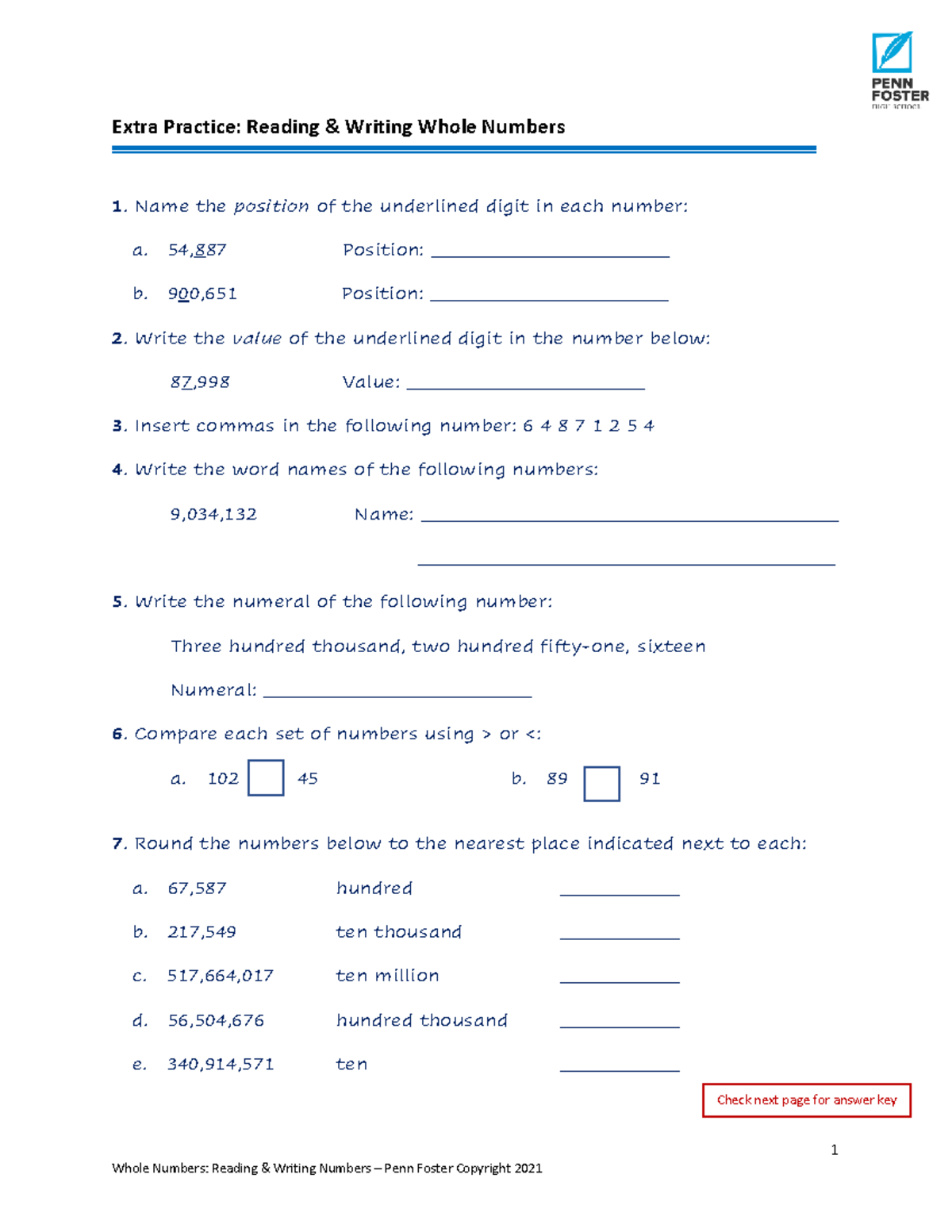 1.1 Extra Practice Handout - Reading and Writing Whole Numbers - 1 ...