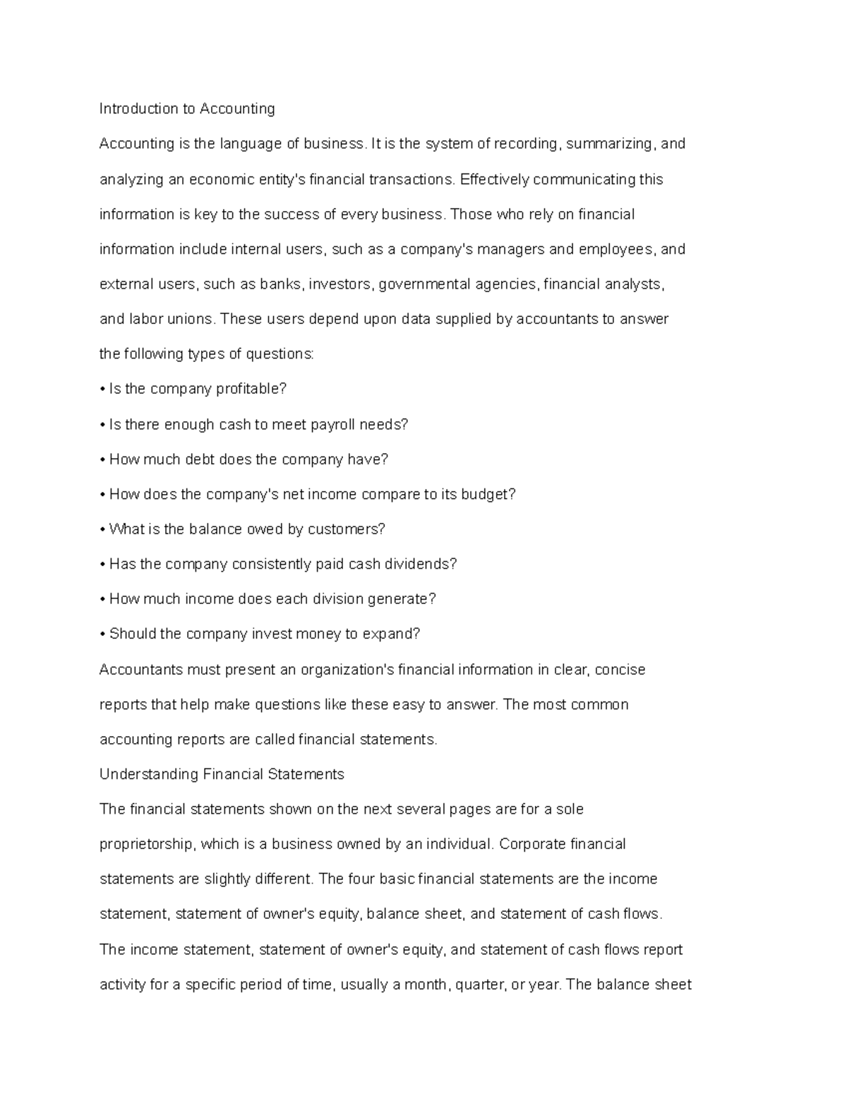 accounting assignments - Introduction to Accounting Accounting is the ...