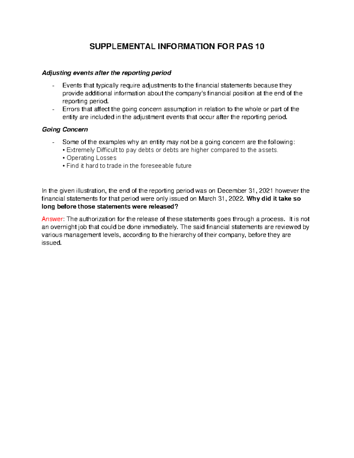 Supplemental INFO FOR PAS 10 - SUPPLEMENTAL INFORMATION FOR PAS 10 ...