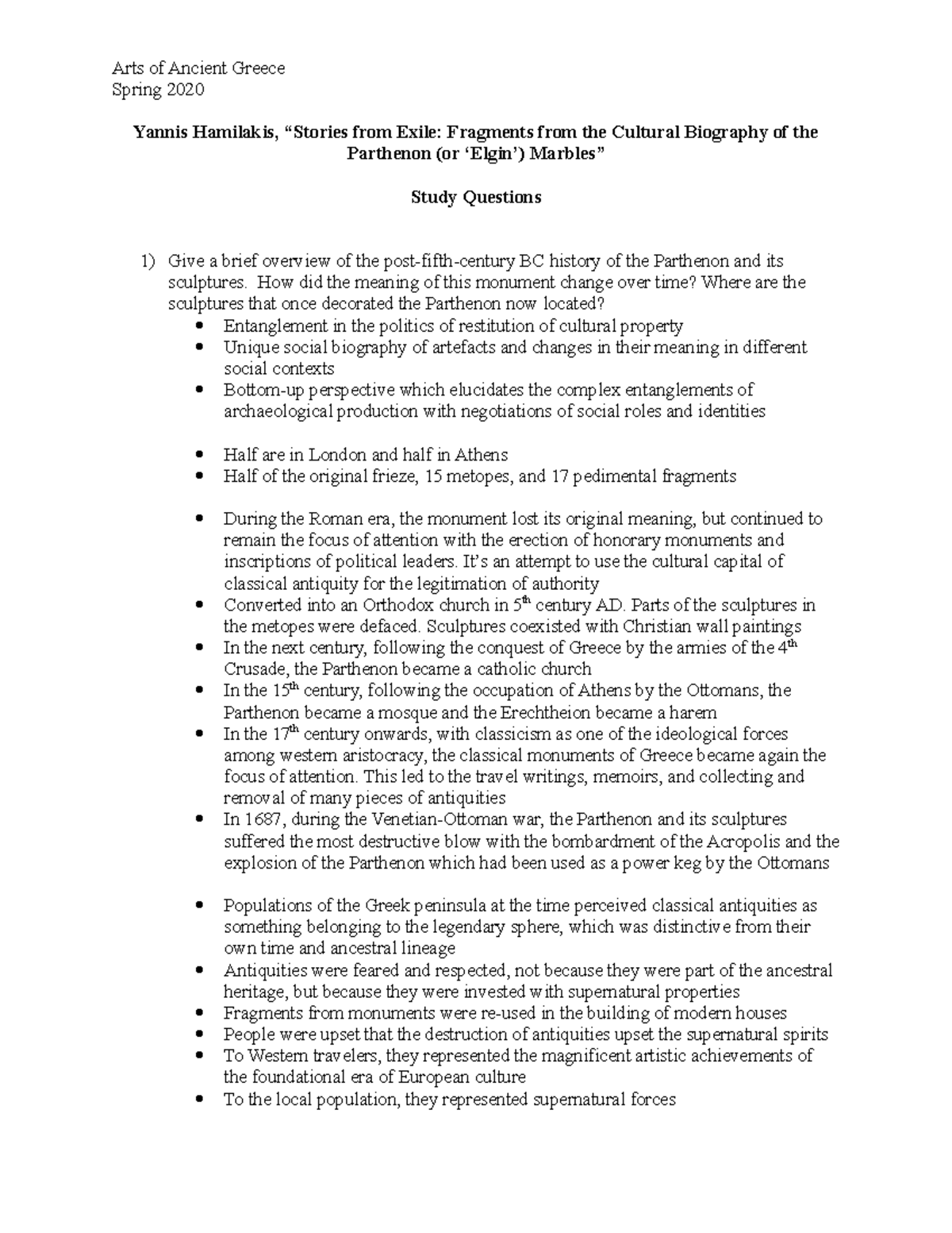 Study Questions Hamilakis Parthenon Marbles - Spring 2020 Yannis ...