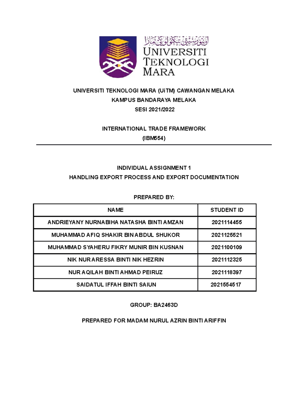 IBM554 BA2463D Group 2 Assignment 1 - UNIVERSITI TEKNOLOGI MARA (UiTM ...