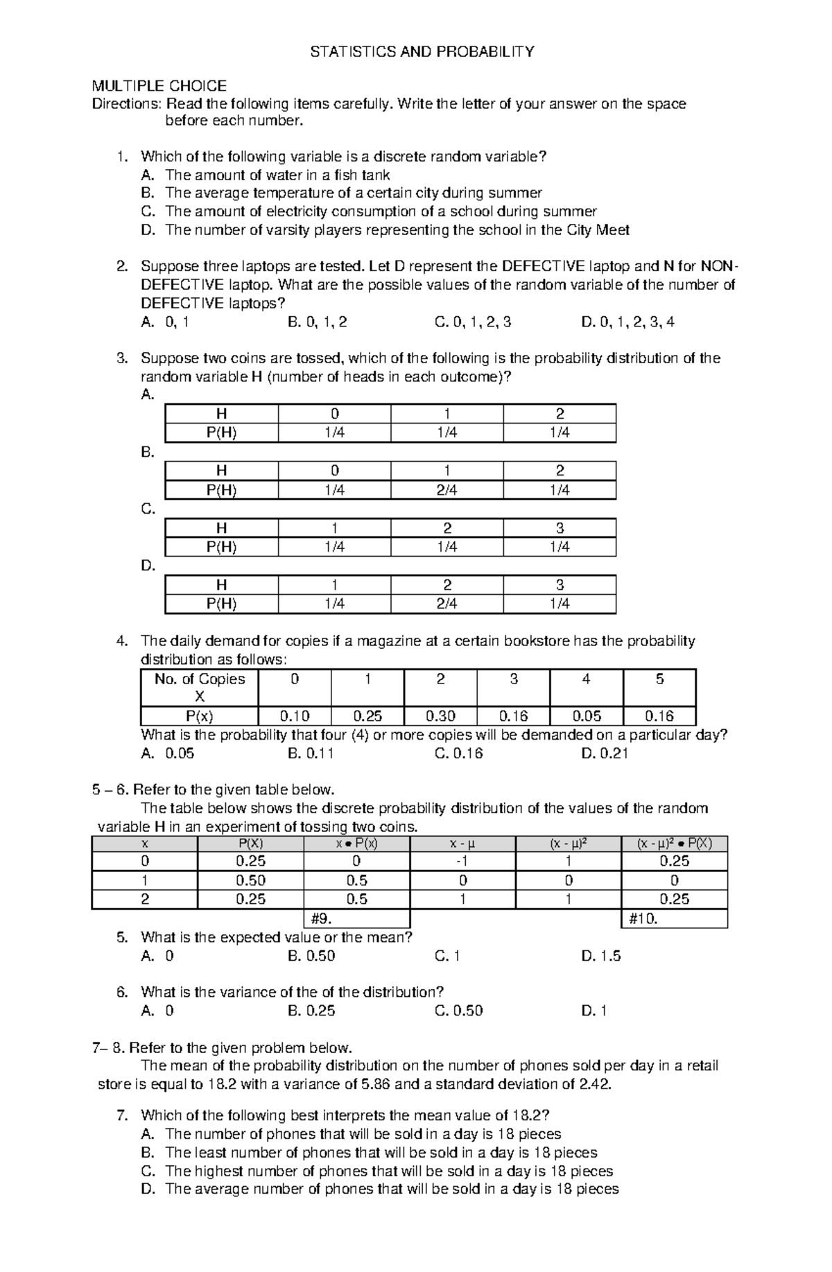 NAT STAT - STATISTICS AND PROBABILITY MULTIPLE CHOICE Directions: Read ...