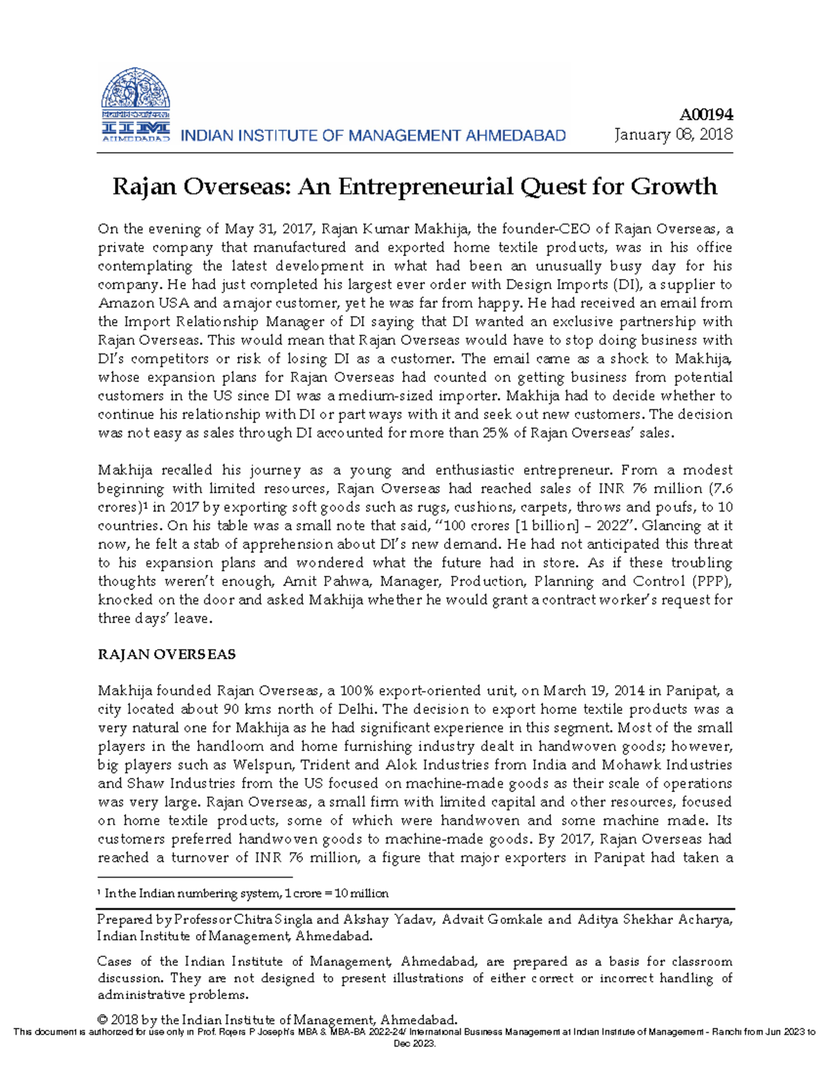 Rajan Overseas Case - CCS - A January 08, 2018 Prepared by Professor ...