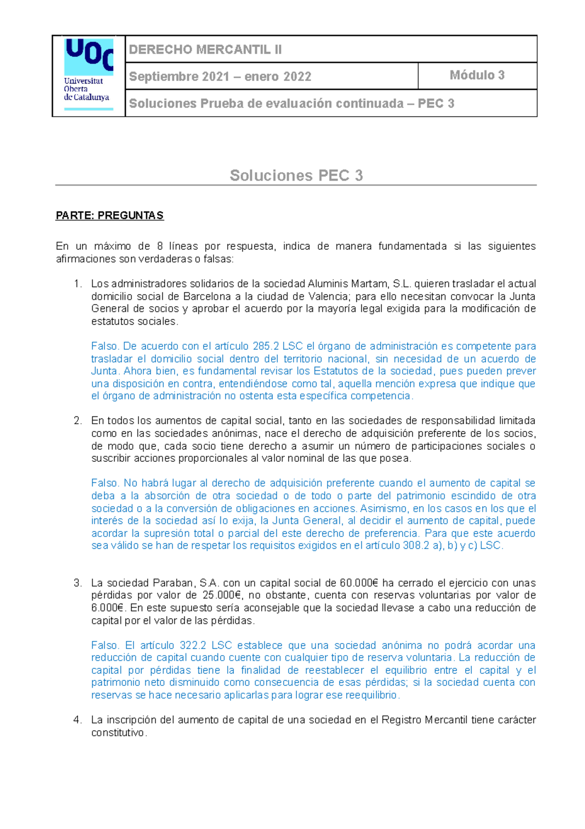 Solución PEC 3 UOC - Septiembre 2021 – enero 2022 Módulo 3 Soluciones Prueba de evaluación - Studocu