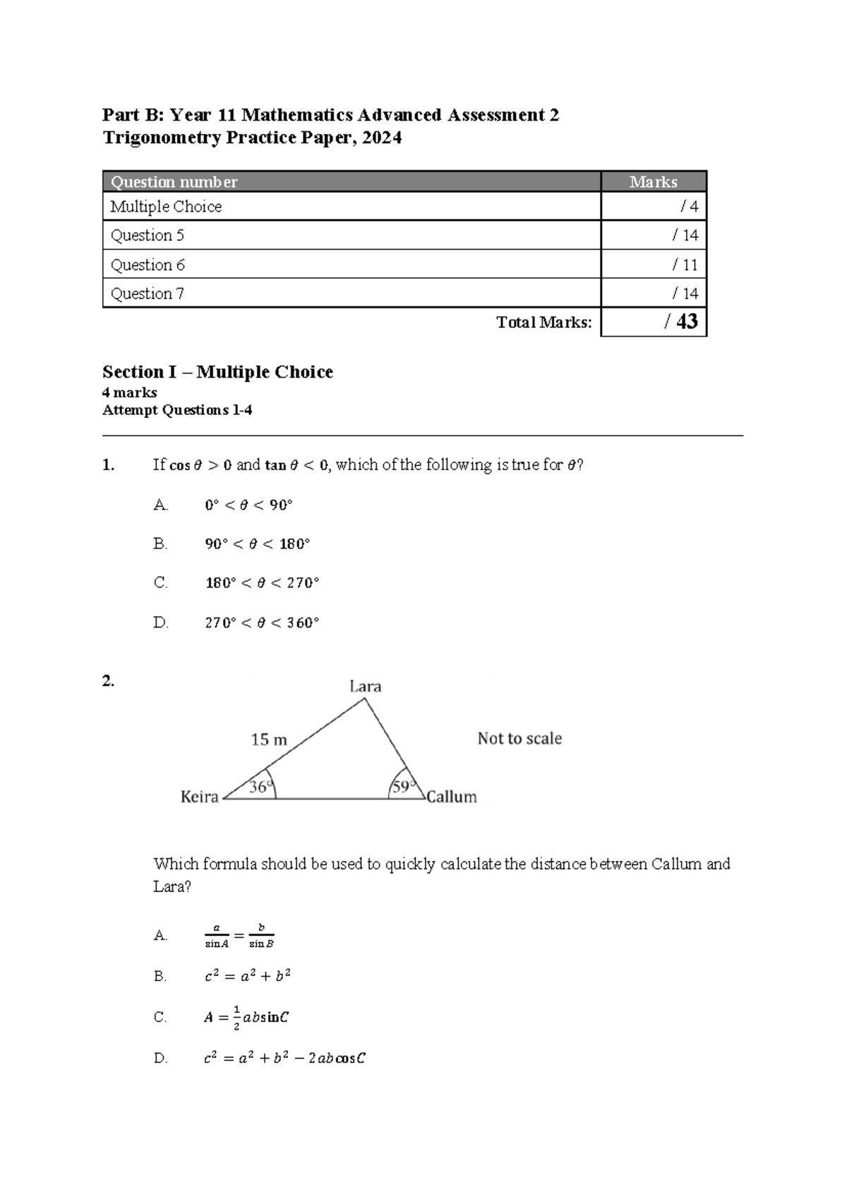 Year 11 Mathematics Advanced Practice test 2024 Trigonometry - Part B ...