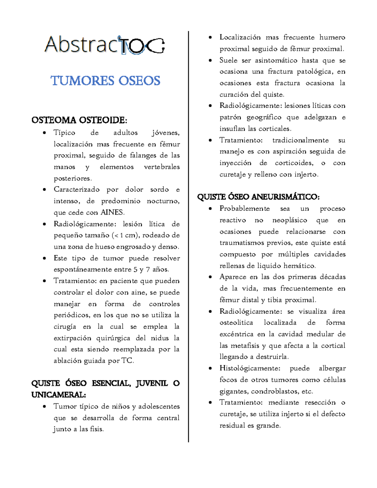 Abstrac TOC Tumores Ã seos - TUMORES OSEOS OSTEOMA OSTEOIDE: • Típico de adultos jóvenes, - Studocu