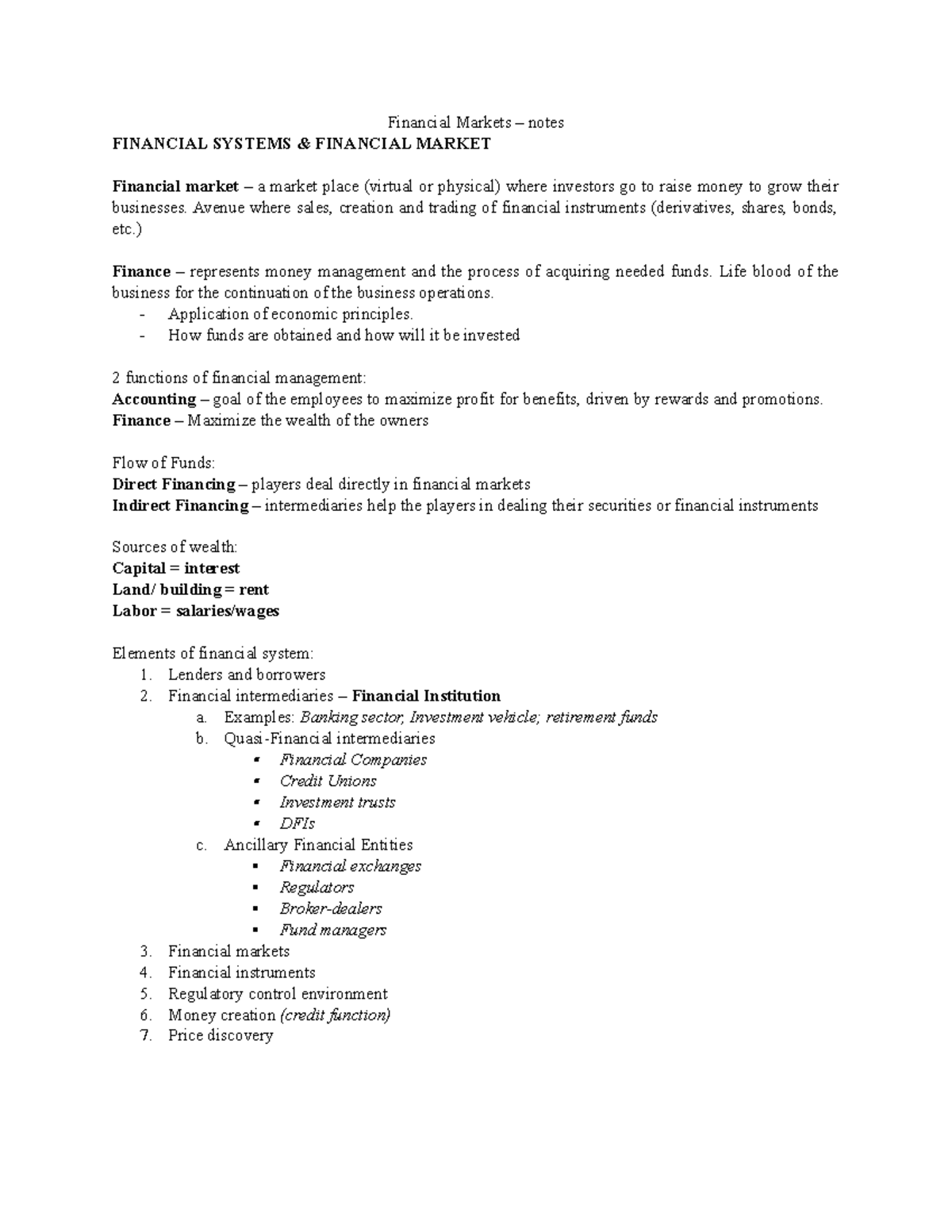 Financial Markets - Lecture notes 1- Introduction - Financial Markets ...