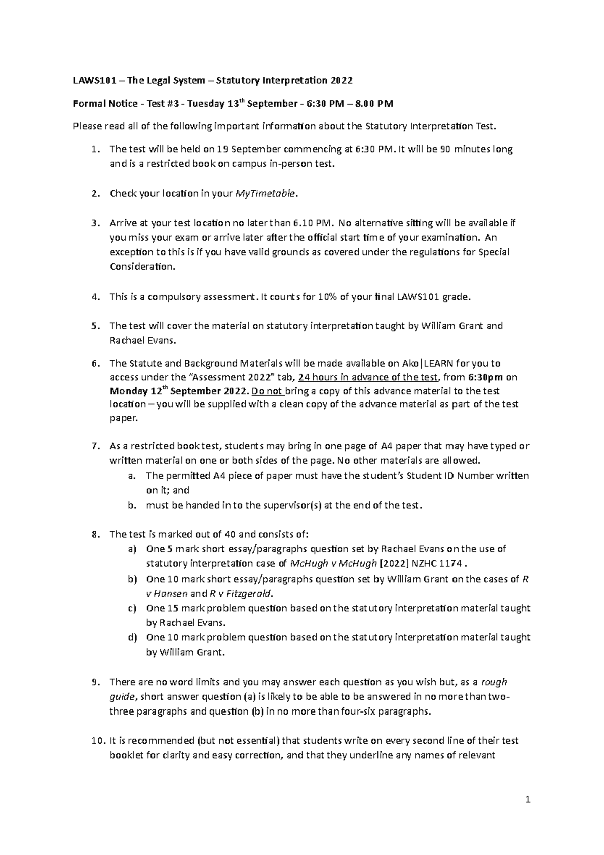 Test notice #3 - final 22-8-2022 - LAWS101 – The Legal System ...