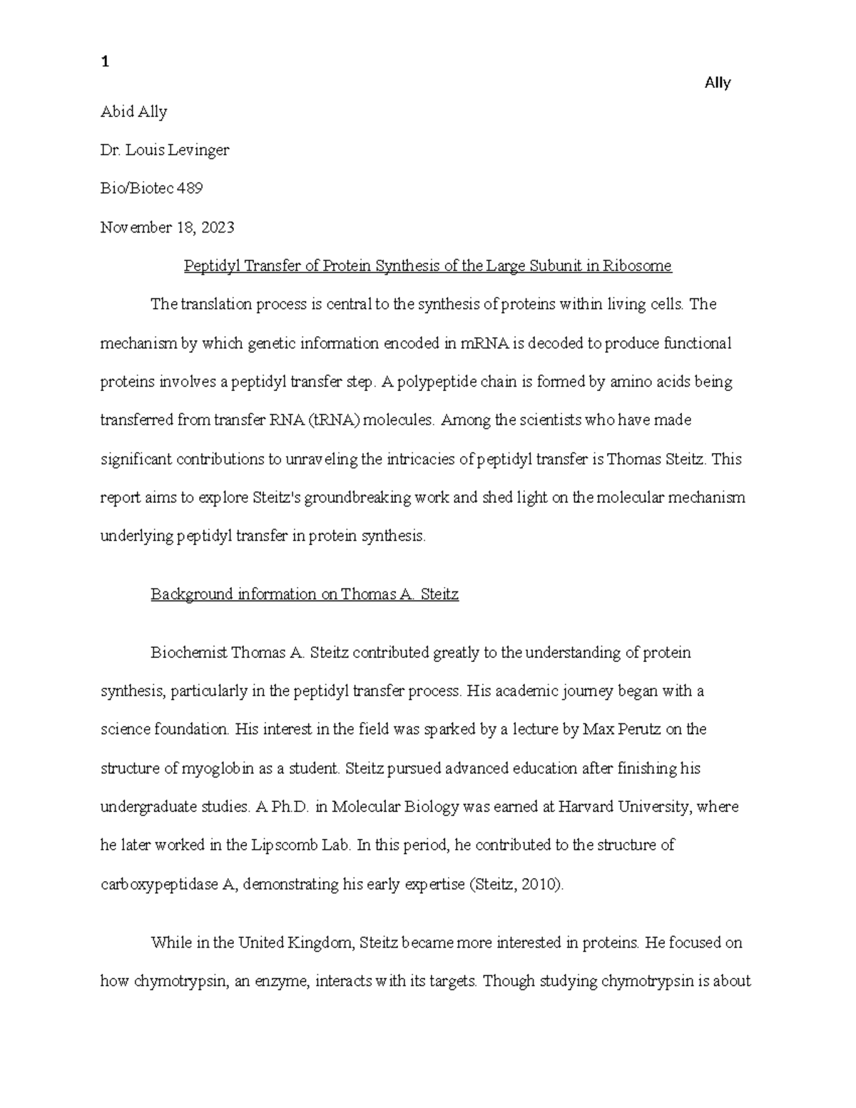 Peptydal Transfer - A weekly report on the topic. A grade paper. Good ...