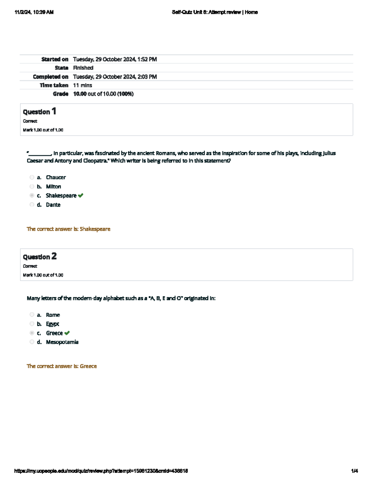 Self-Quiz Unit 8 - 10:39 AM Unit 8: Attempt review I Home Started on ...