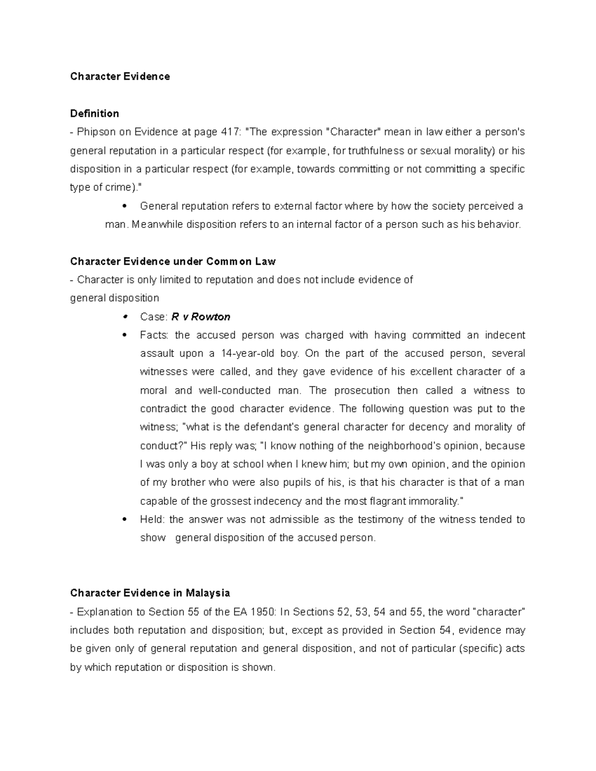 LAW OF EVIDENCE II CHARACTER EVIDENCE NOTES - Character Evidence ...