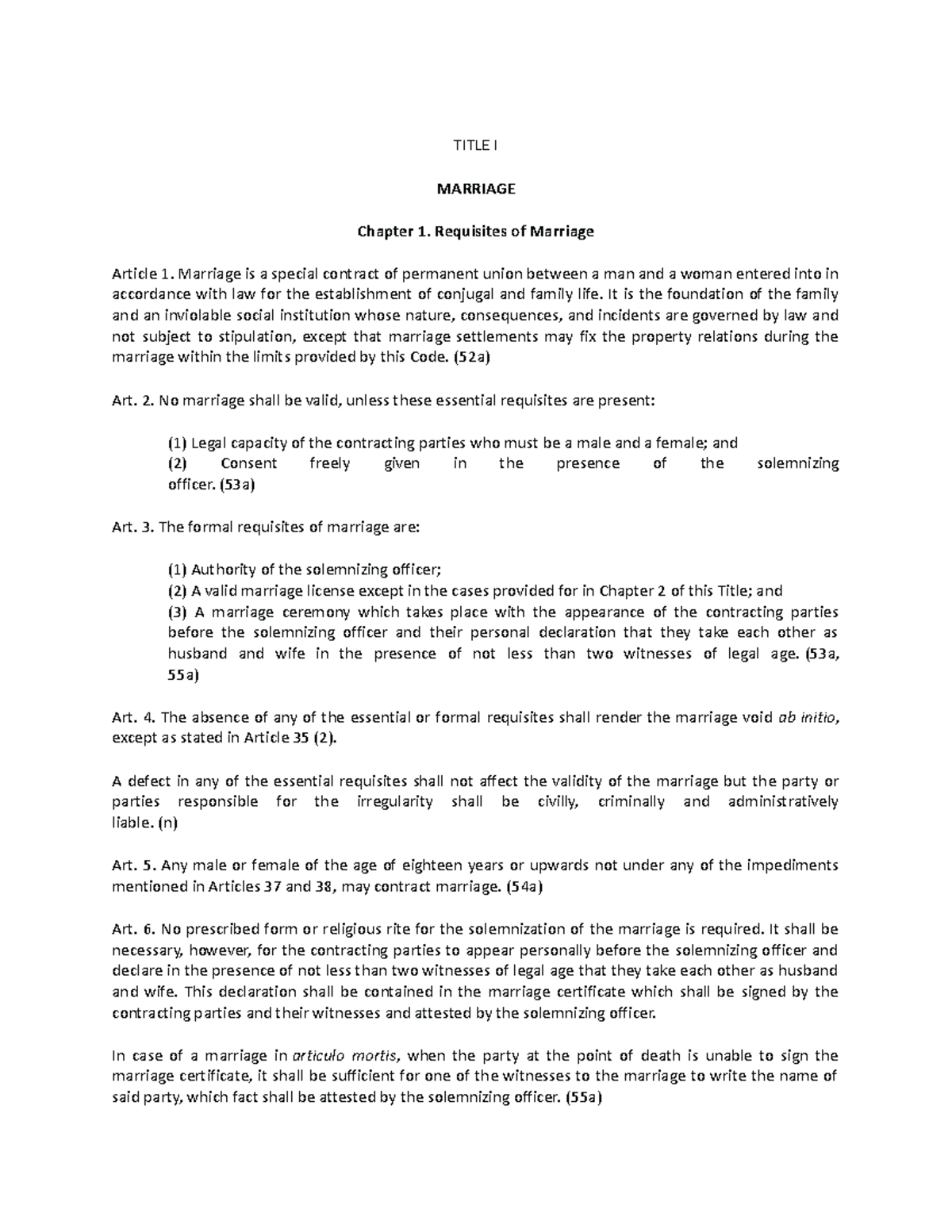 Family code of the philippines, marriage - TITLE I MARRIAGE Chapter 1 ...