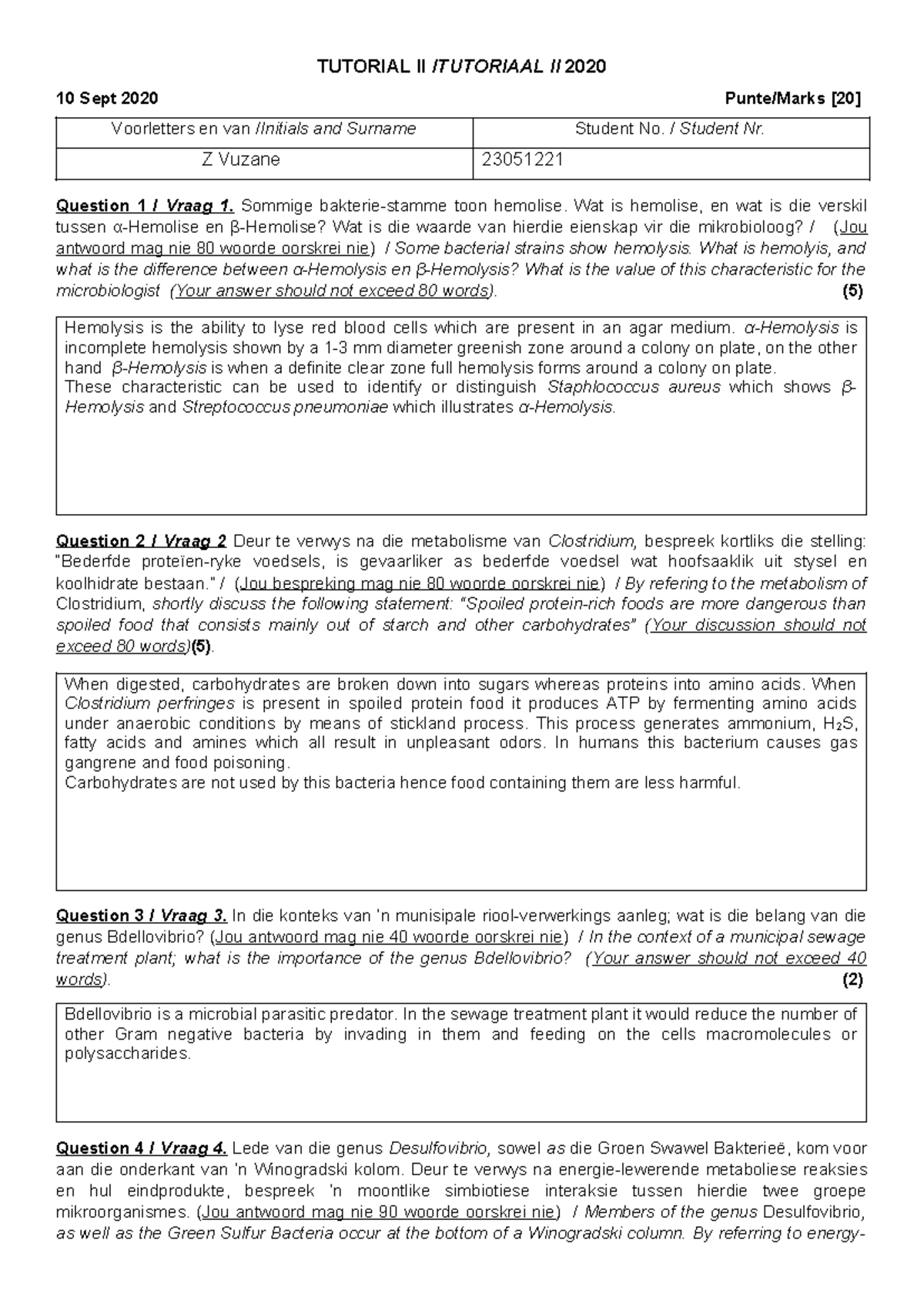 Tutorial II - TUTORIAL II /TUTORIAAL II 2020 10 Sept 2020 Punte/Marks ...