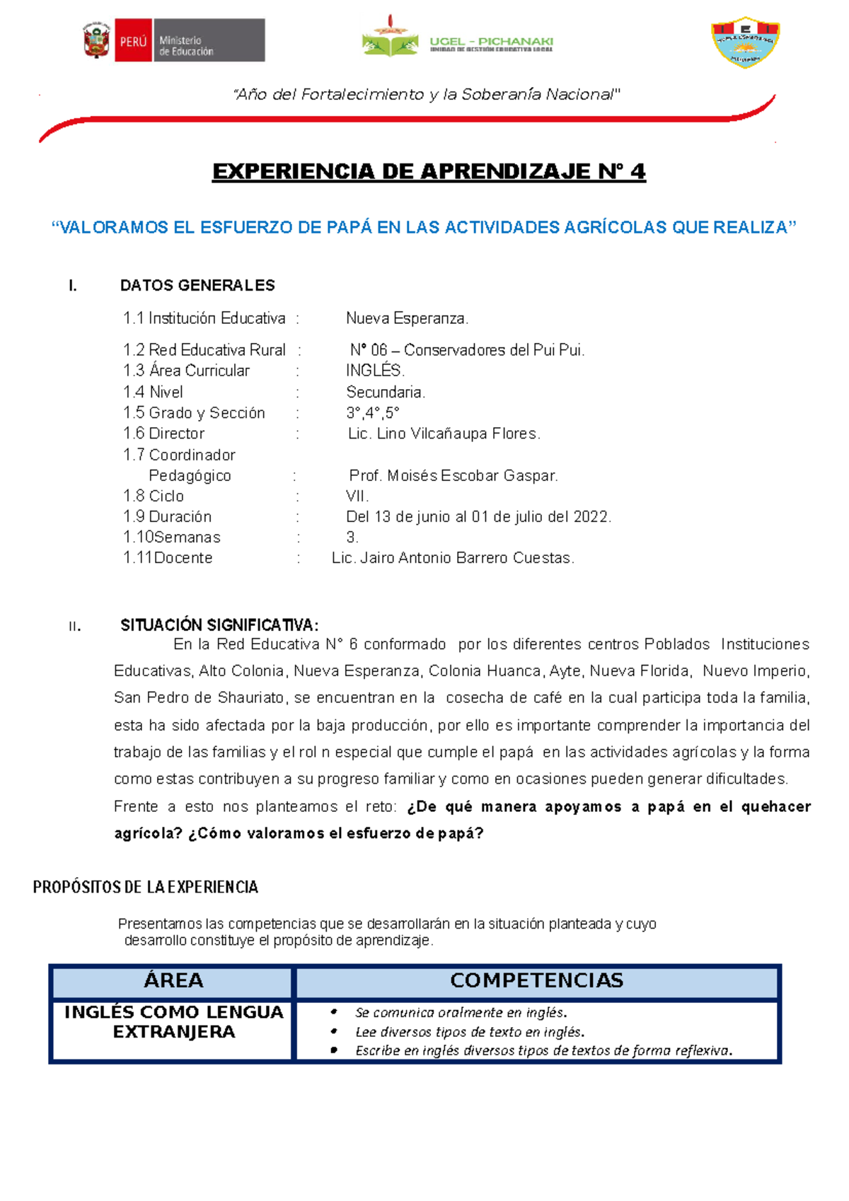 Experiencia DE Aprendizaje N° 4 - VII Ciclo - “Año del Fortalecimiento y la Soberanía Nacional ...
