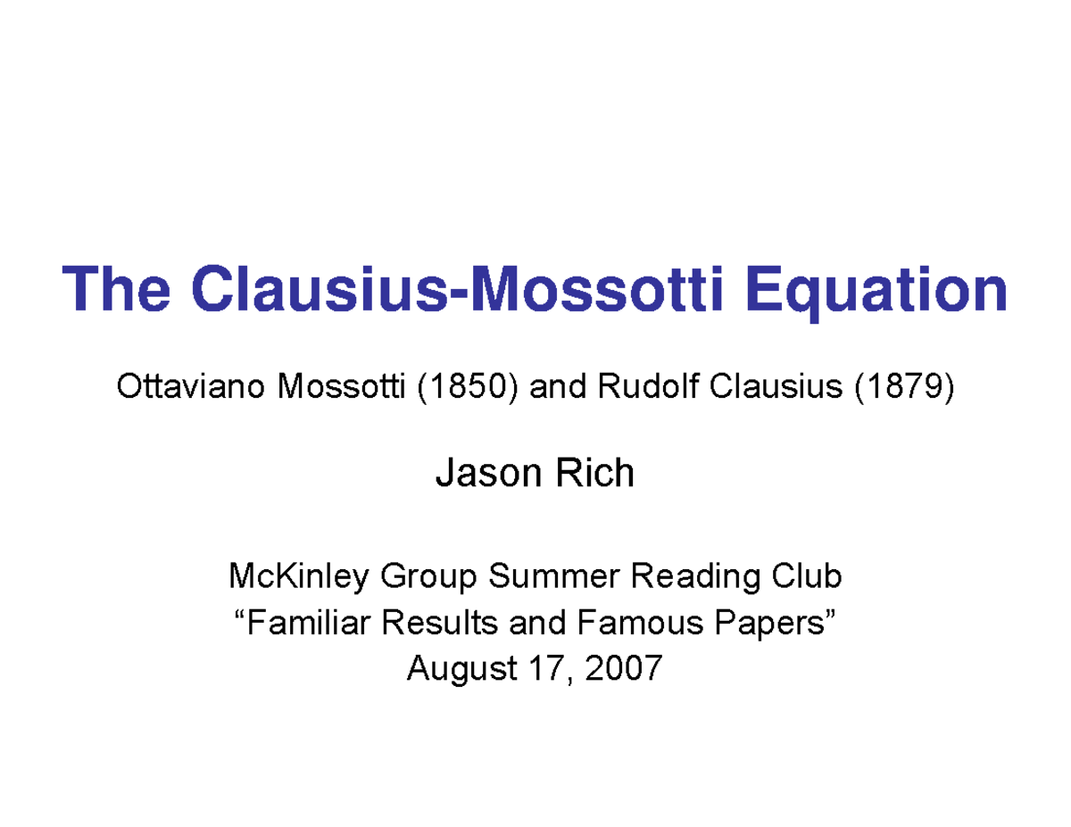 Clausius Mosotti - The Clausius-Mossotti Equation Ottaviano Mossotti ...