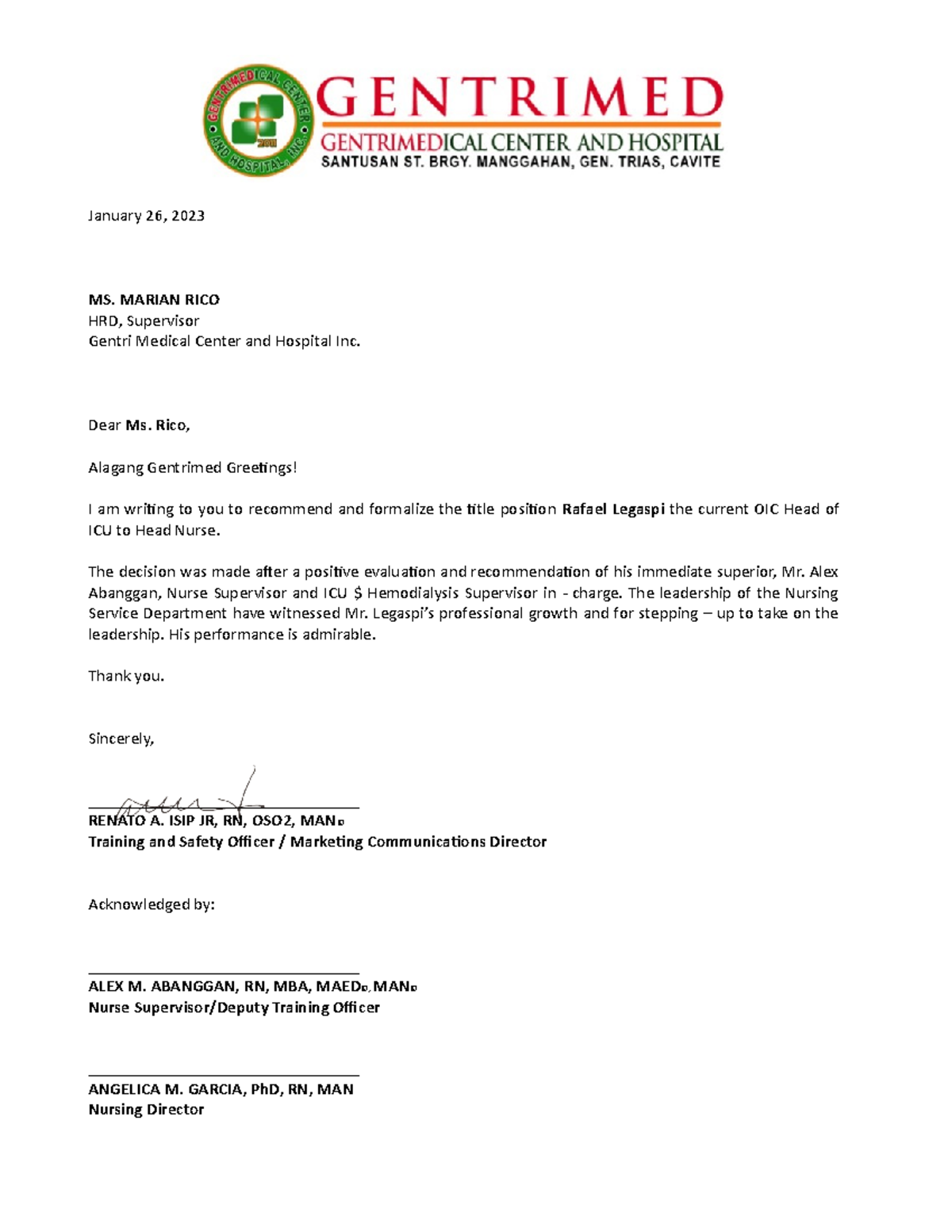 Raf Recommendation as Head Nurse of ICU - January 26, 2023 MS. MARIAN ...