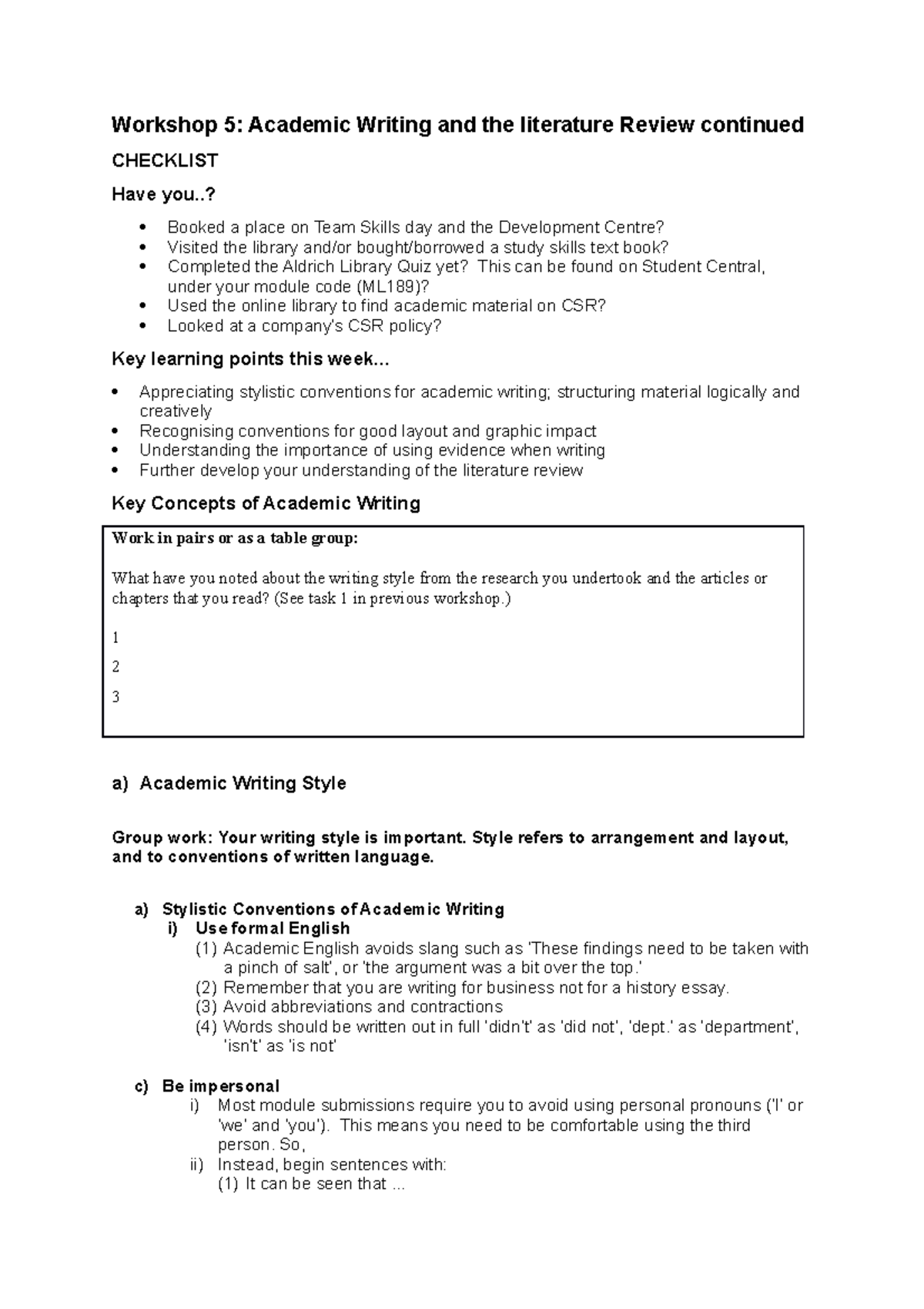 Workshop 5 Academic Writing and the Literature Review - Workshop 5 ...