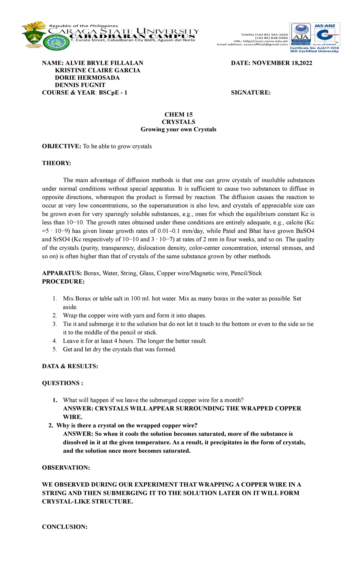 Lab expt. Polymer - lab lectures - NAME: ALVIE BRYLE FILLALAN DATE ...