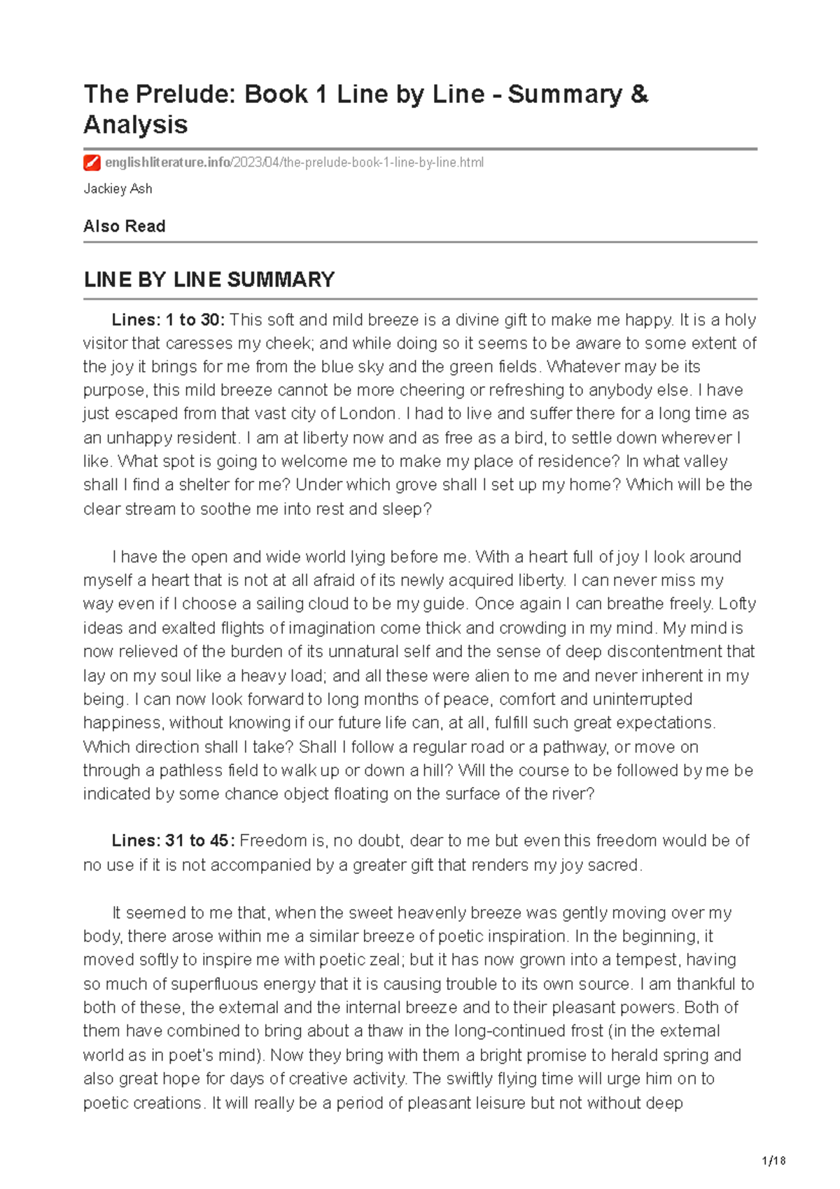 Englishliterature.info-The Prelude Book 1 Line by Line - Summary ...