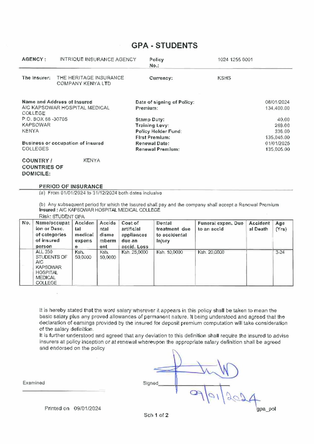 Policy Document - n/a - GPA STUDENTS AGENCY : INTRIQUE INSURANCE AGENCY ...