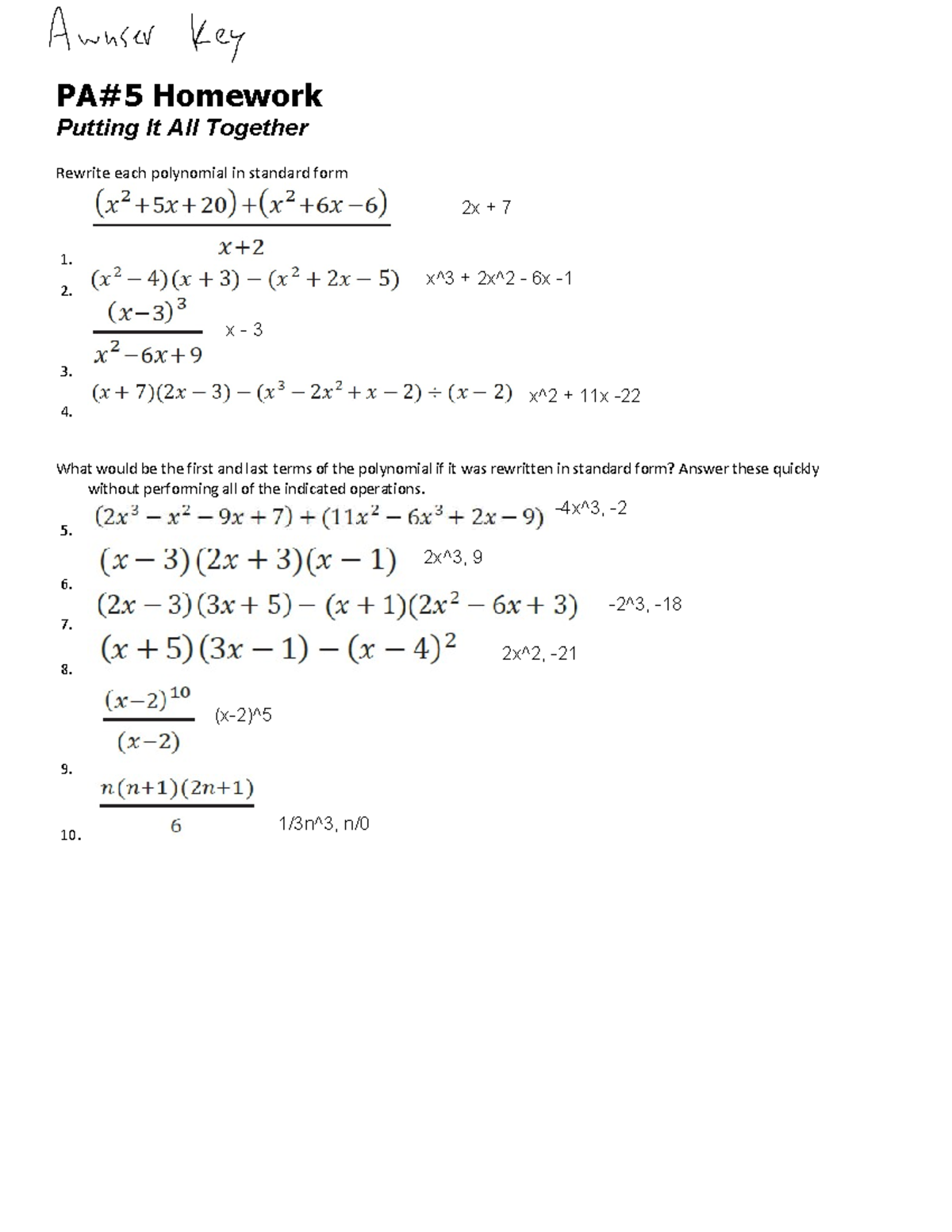 PA#5 Homework Answer Key - PA#5 Homework Putting It All Together Rewrite each polynomial in ...