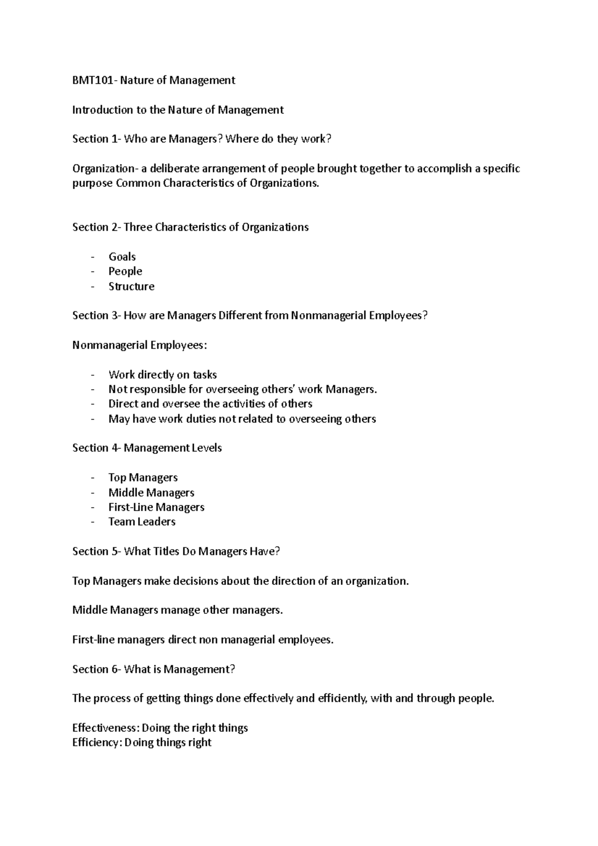Introduction to Nature of Management - BMT101- Nature of Management ...