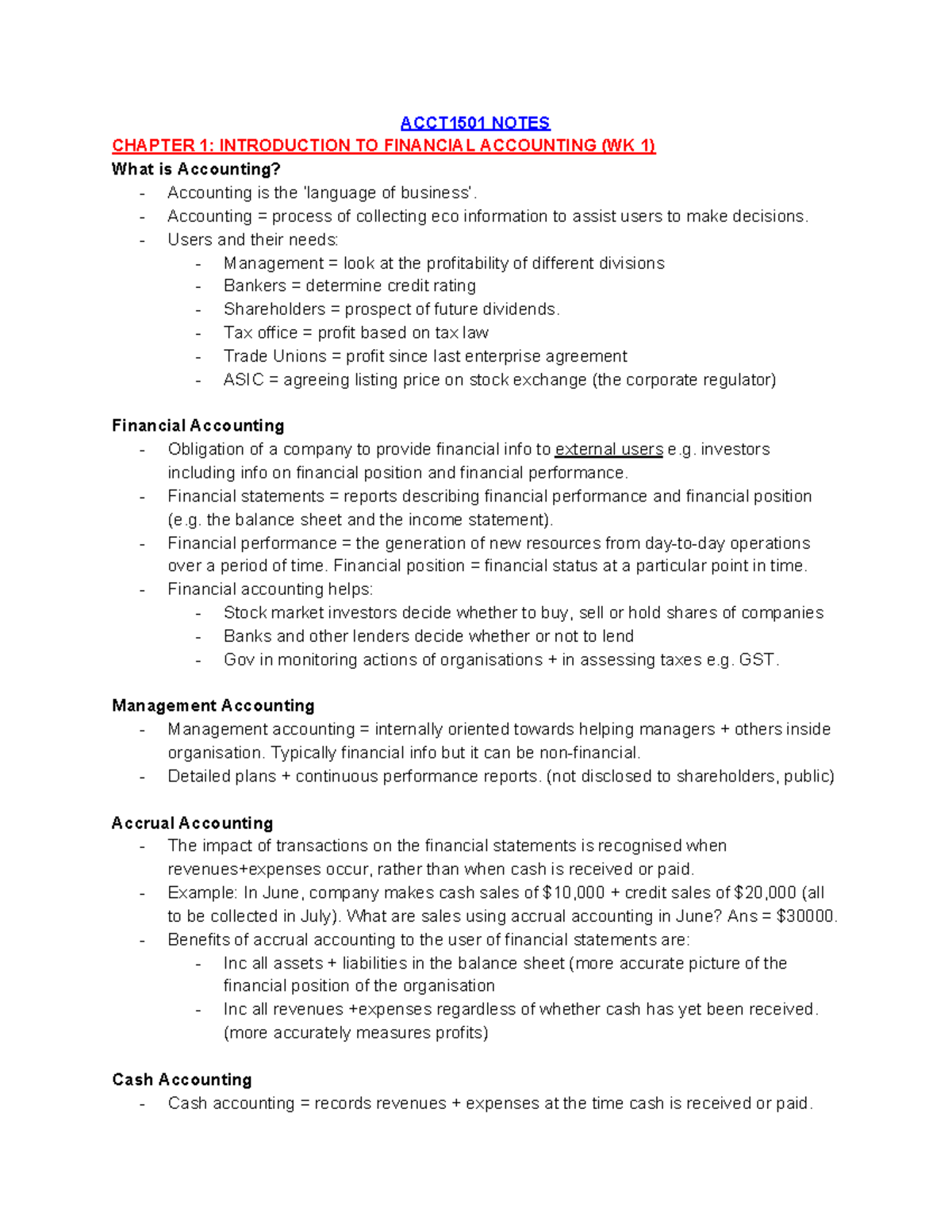 ACCT1501 Notes - ACCT1501 NOTES CHAPTER 1: INTRODUCTION TO FINANCIAL ...