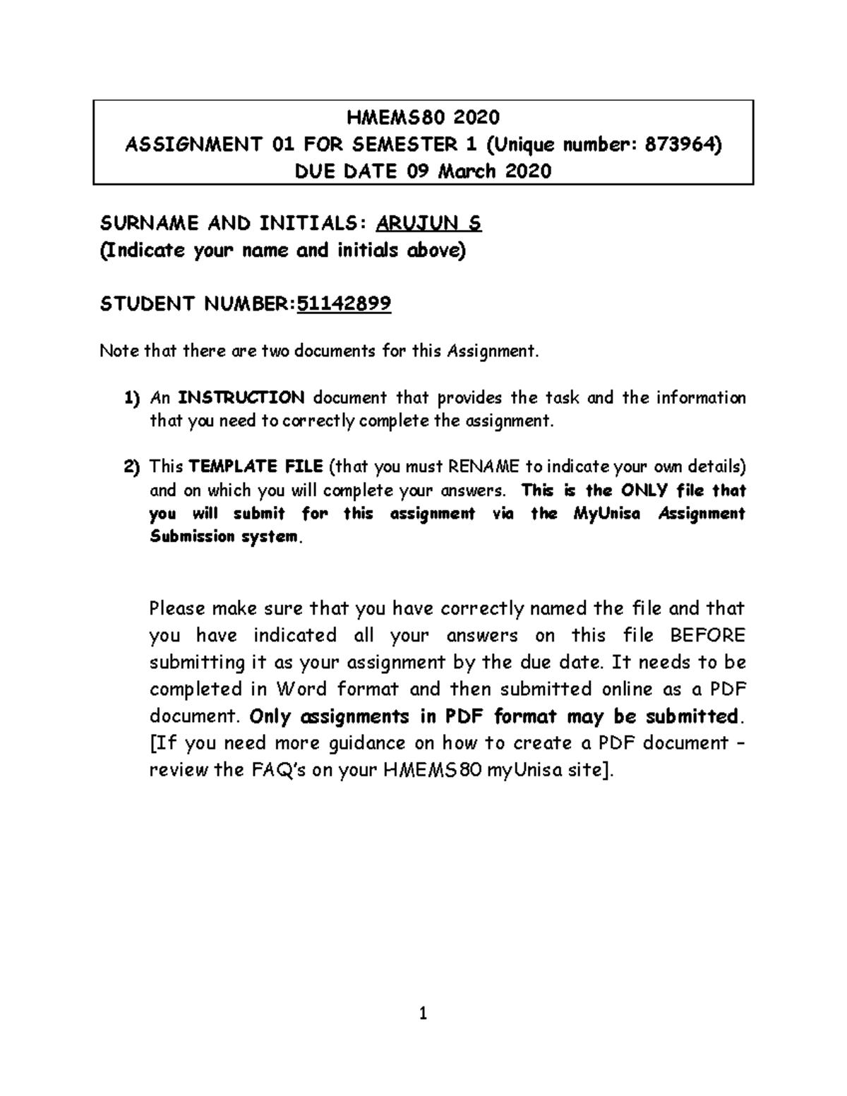 51142899 Arujon S HMEMS80 ASS01S01 - HMEMS80 2020 ASSIGNMENT 01 FOR SEMESTER 1 (Unique number ...