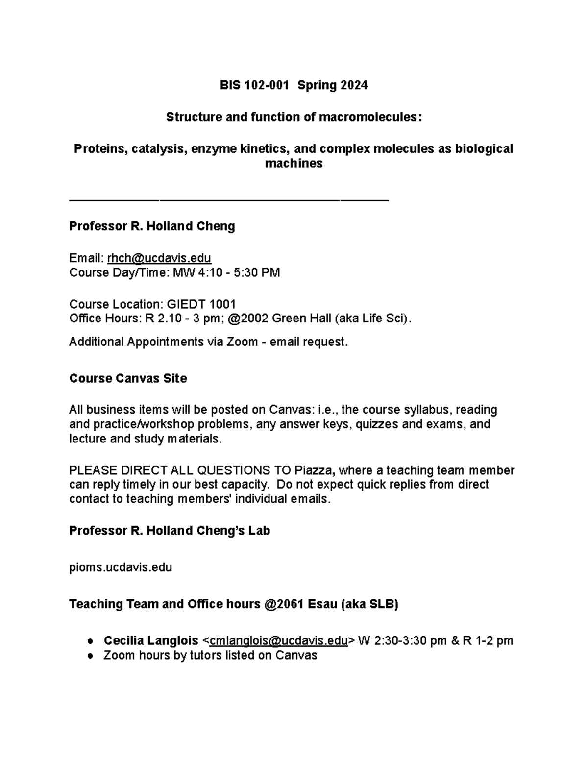 BIS 102 Syllabus - BIS 102-001 Spring 2024 Structure and function of ...