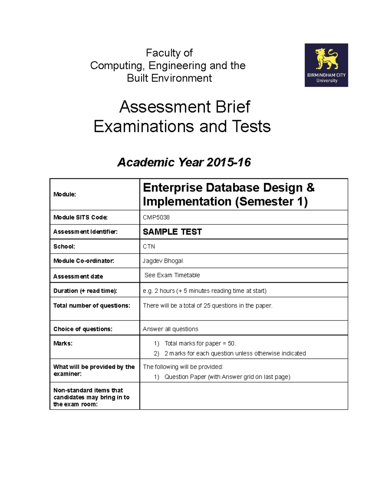 Sample Exam 2015, questions - Faculty of Computing, Engineering and the ...