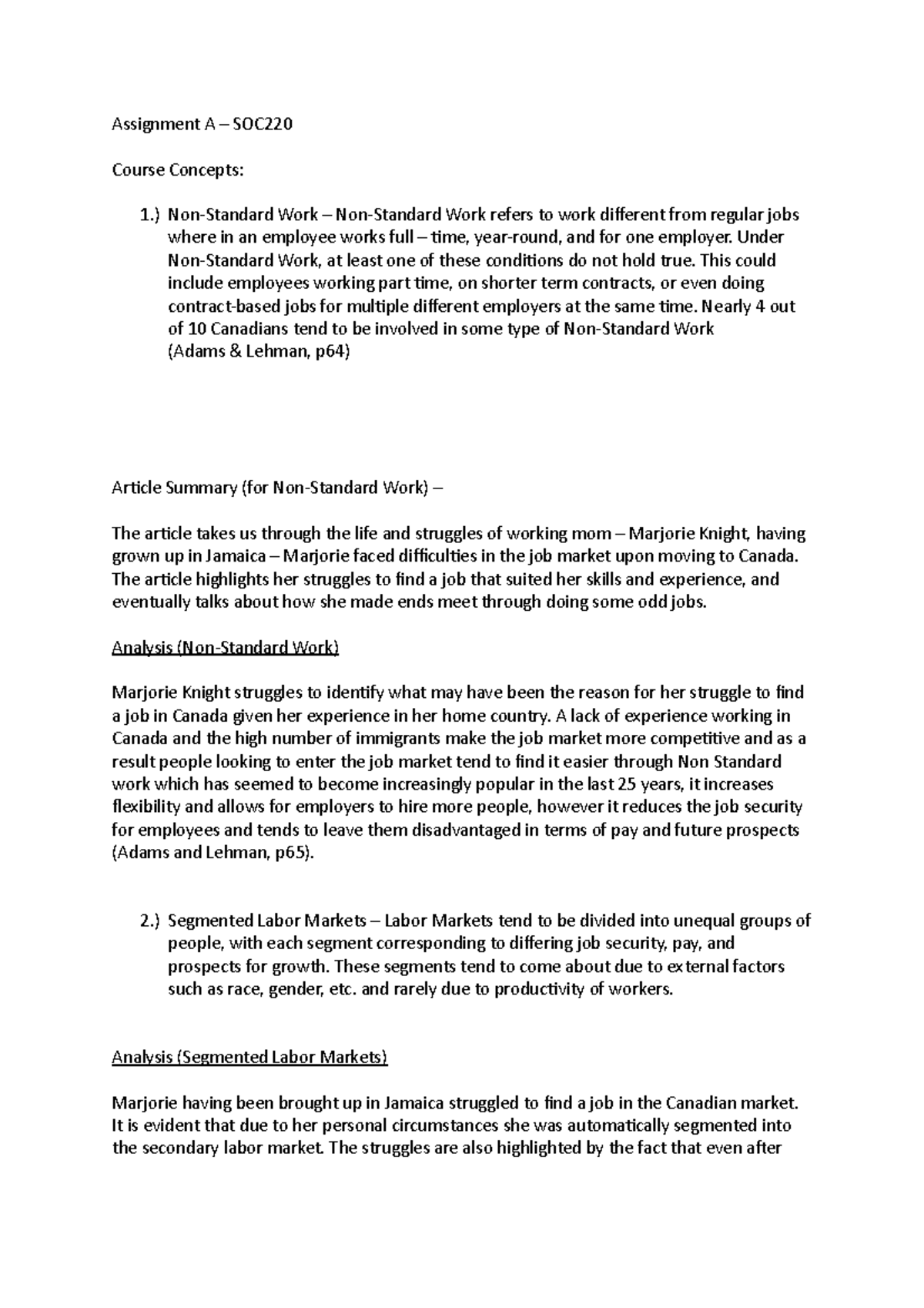 Assignment A - SOC220 - Assignment A – SOC Course Concepts: 1.) Non ...