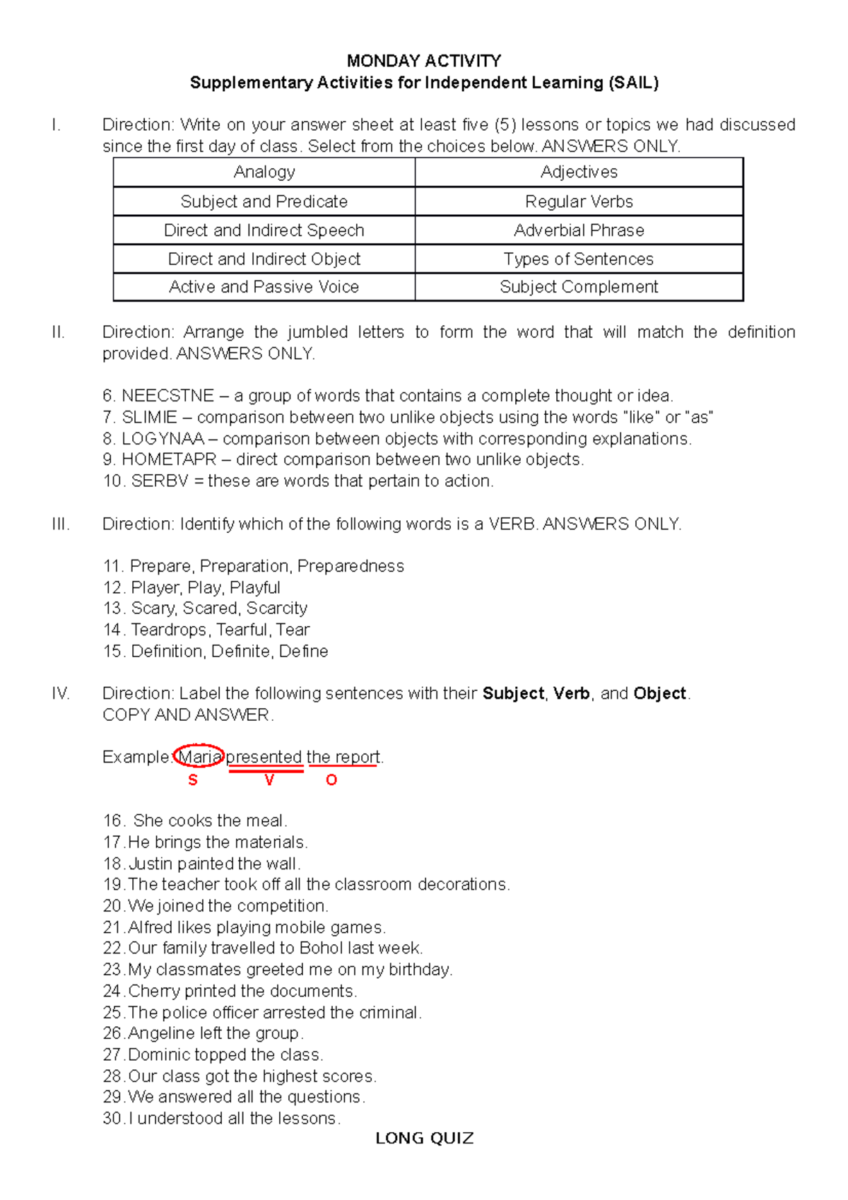 Monday Activity and Thursday Quiz - MONDAY ACTIVITY Supplementary ...