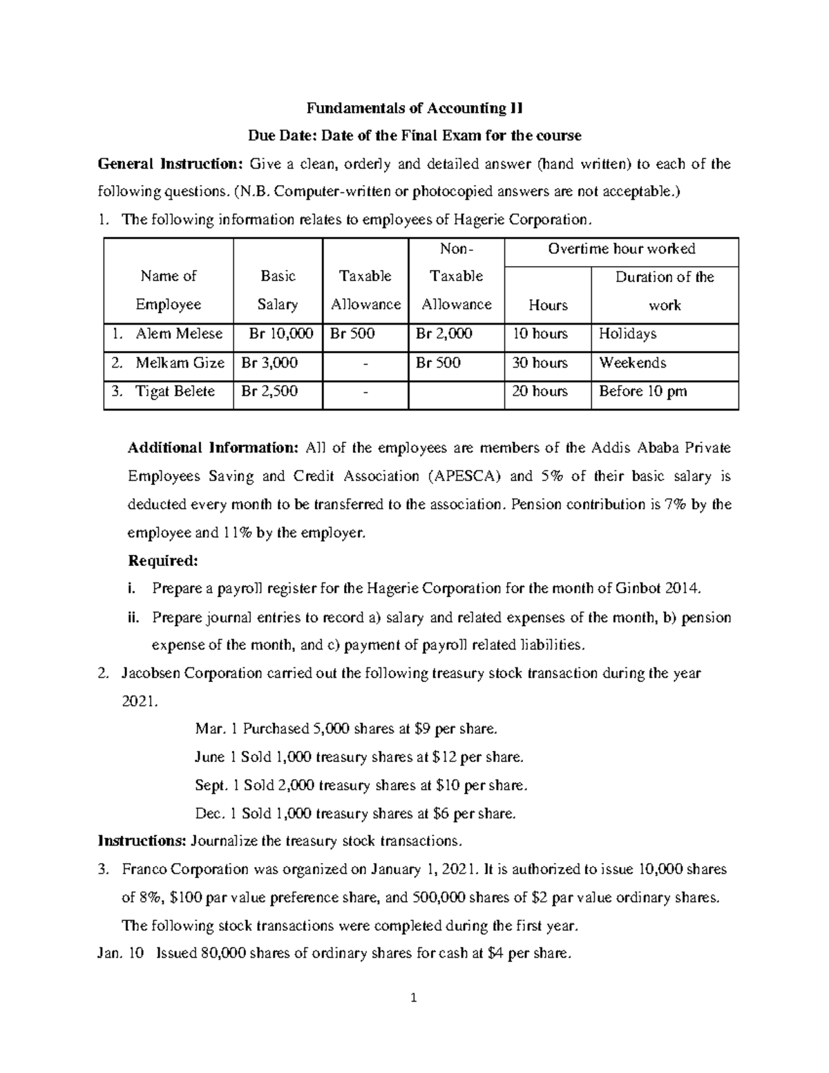 fundamental accounting - Fundamentals of Accounting II Due Date: Date ...