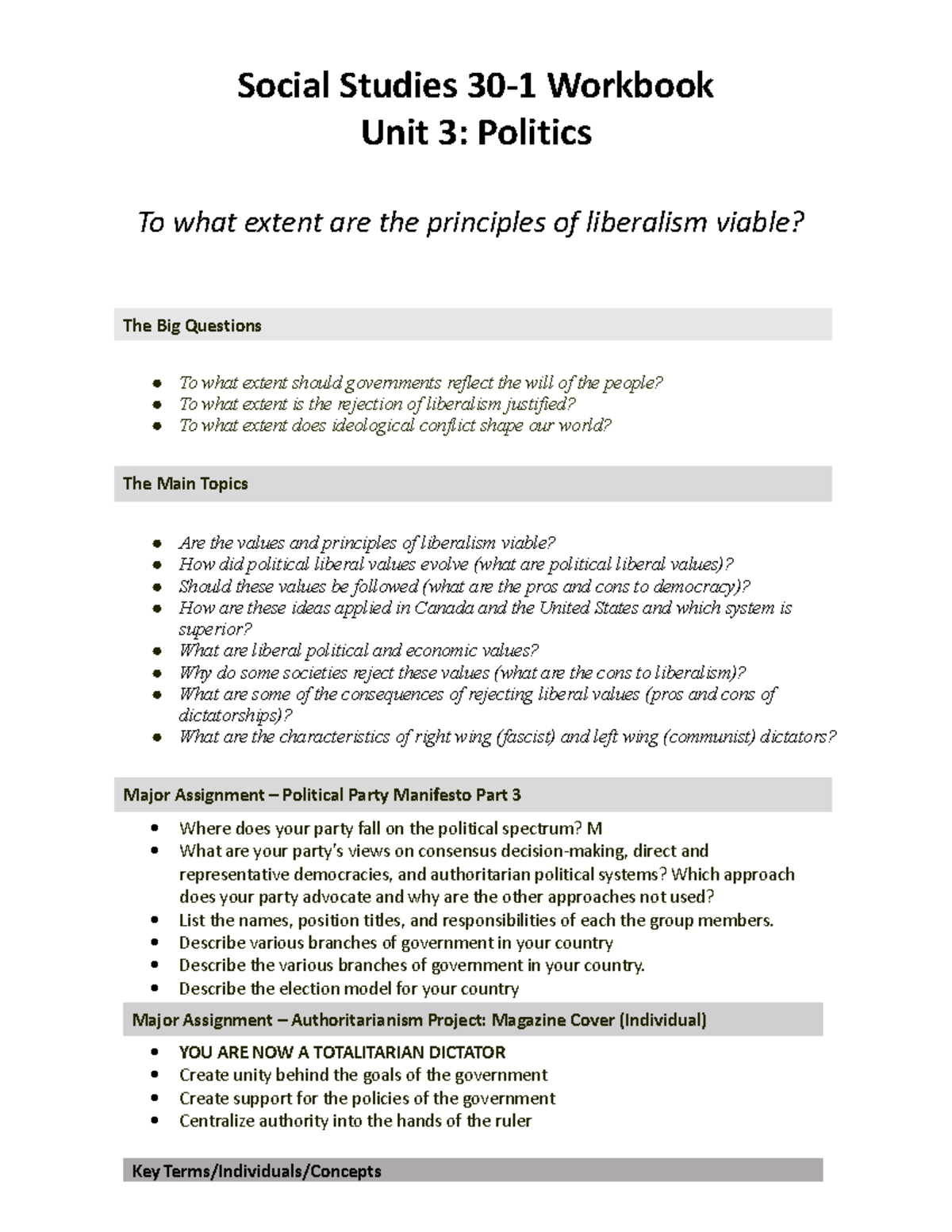 Unit 3 booklet ss301 - Social Studies 30-1 Workbook Unit 3: Politics To ...