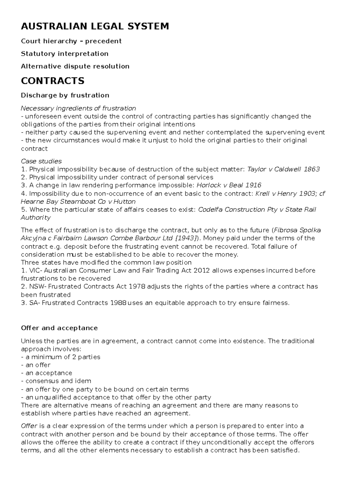 Intro to law notes - AUSTRALIAN LEGAL SYSTEM Court hierarchy ...